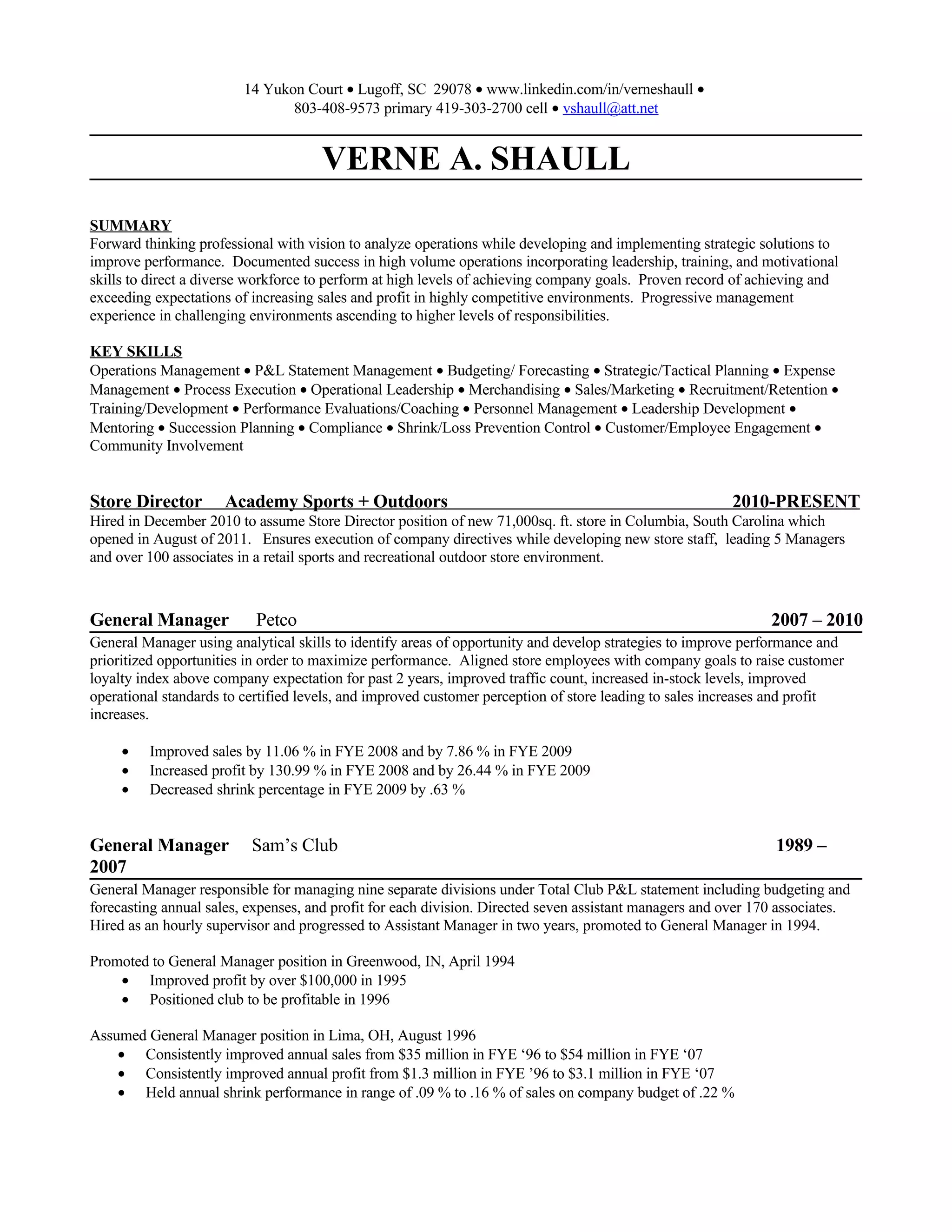 Management resume verne shaull | DOC