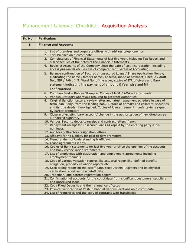 Management takeover checklist taufir | PDF
