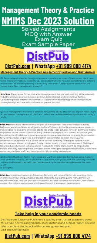 Management Theory and Practice NMIMS Solved Assignments Infographics Dec 2023 brief solution | PDF