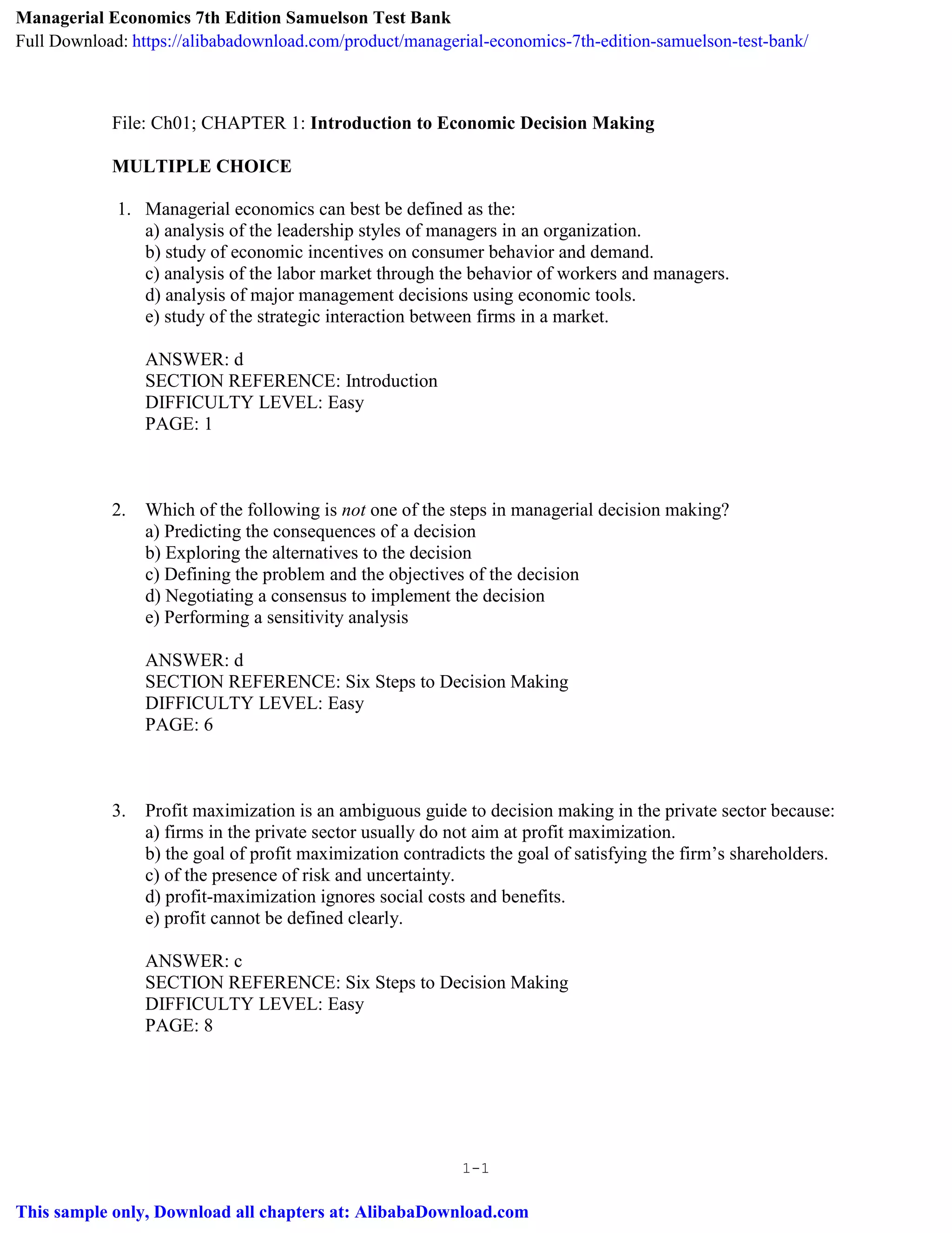Managerial Economics 7th Edition Samuelson Test Bank | PDF