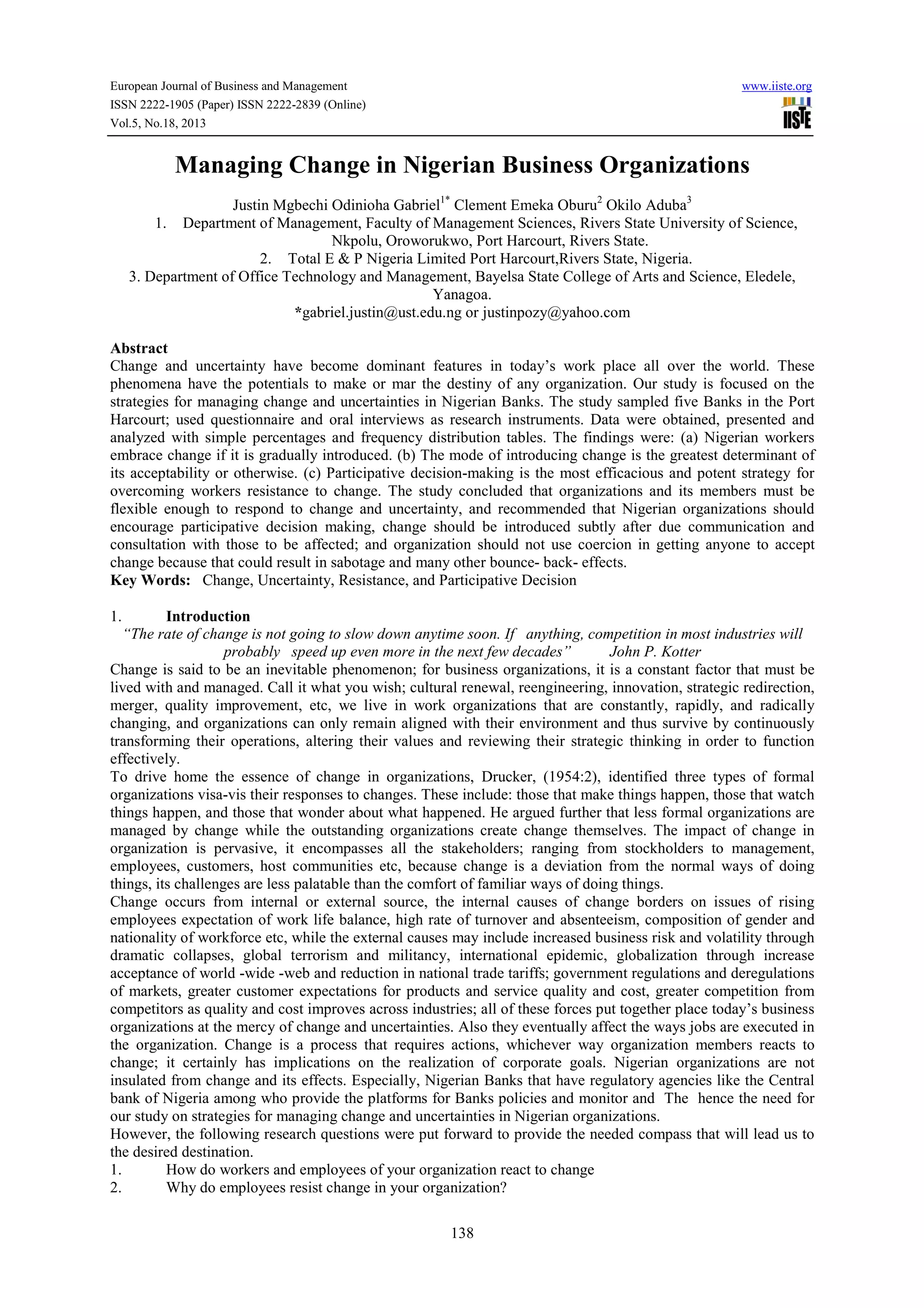 Managing change in nigerian business organizations | PDF | Business Administration | Business