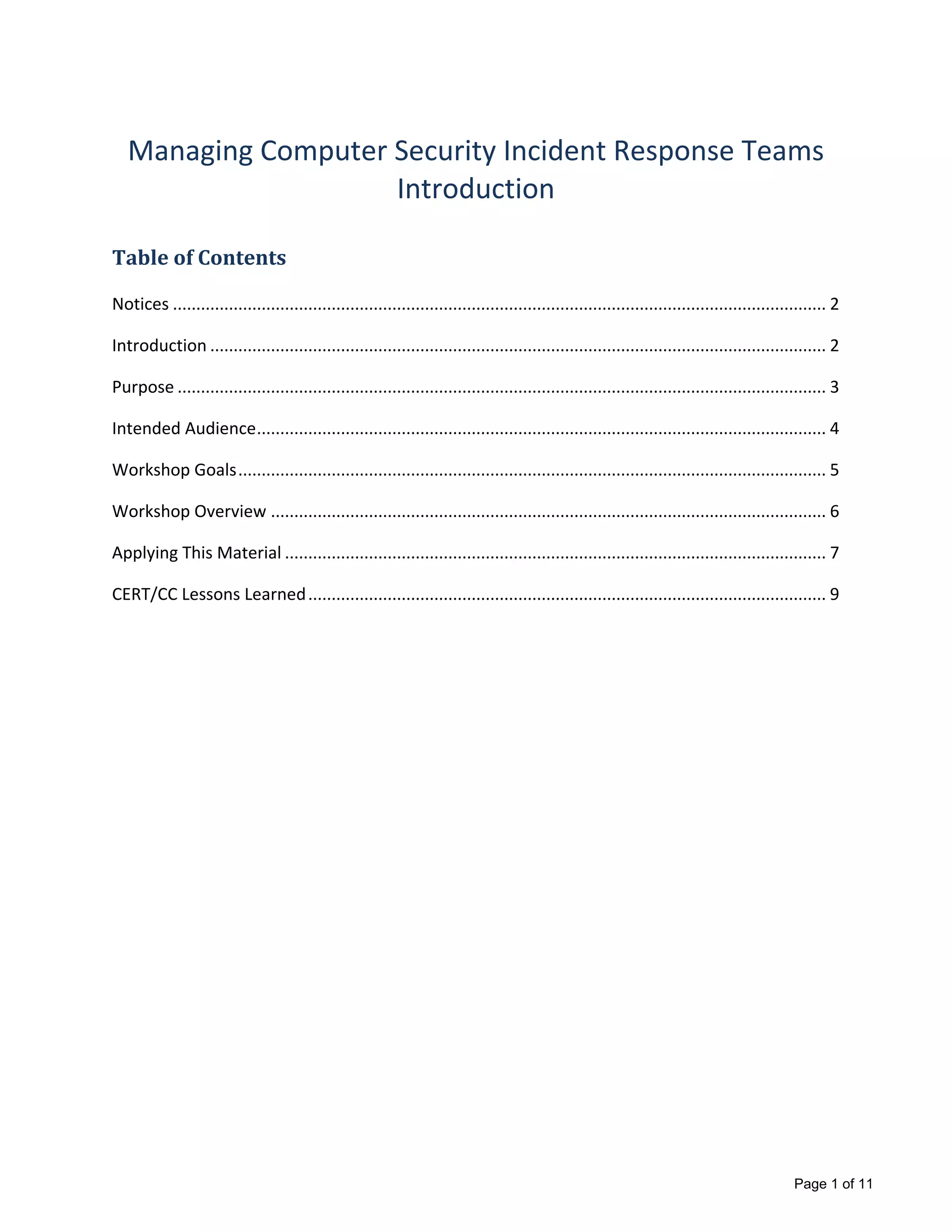 Managing Computer Security Incident Response Teams - Introduction | PDF