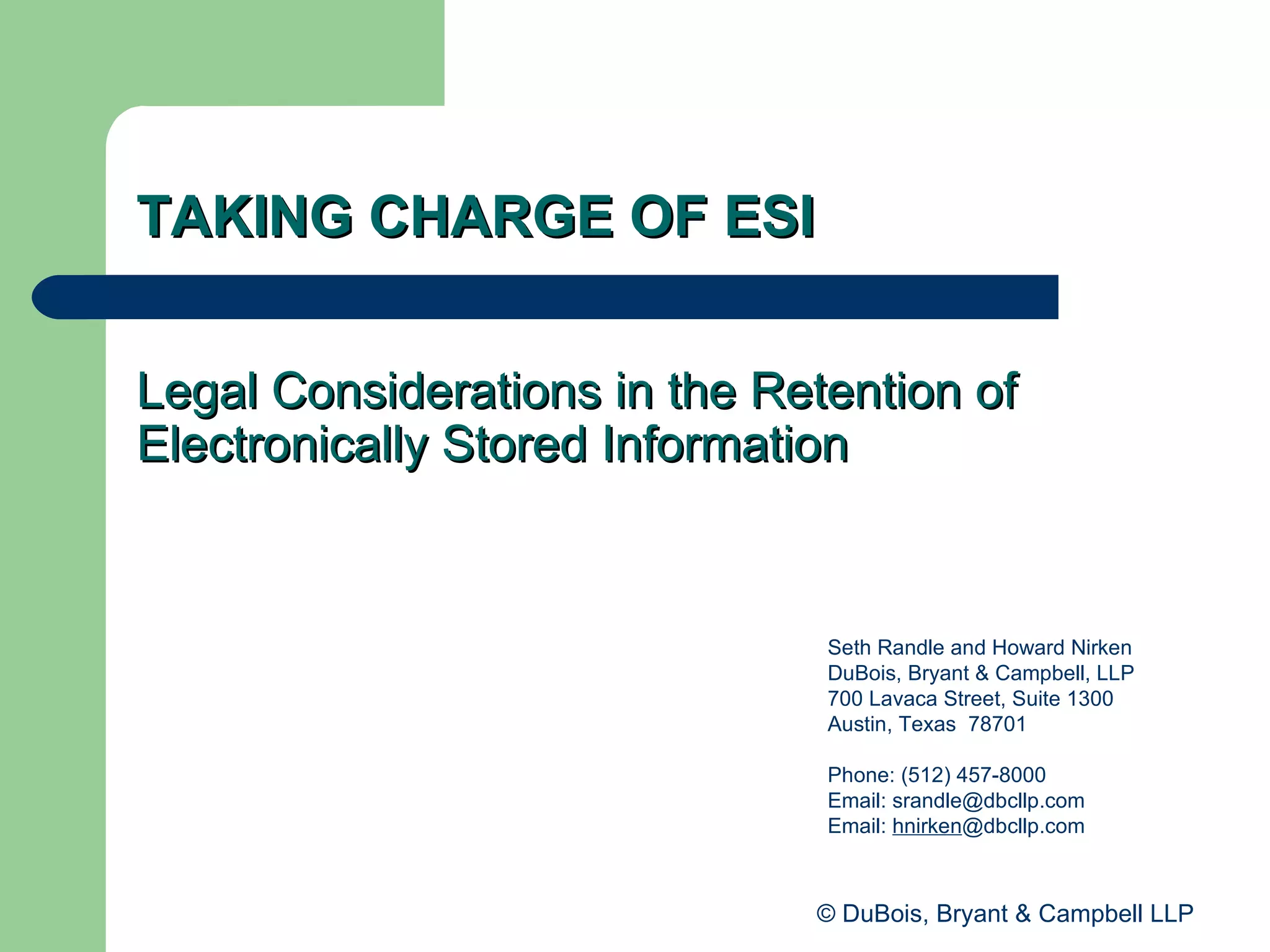 Managing Electronically Stored Information | PPT