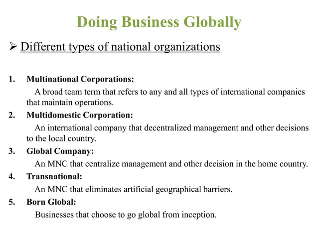 Managing in global environment | PPTX | Large Business | Business