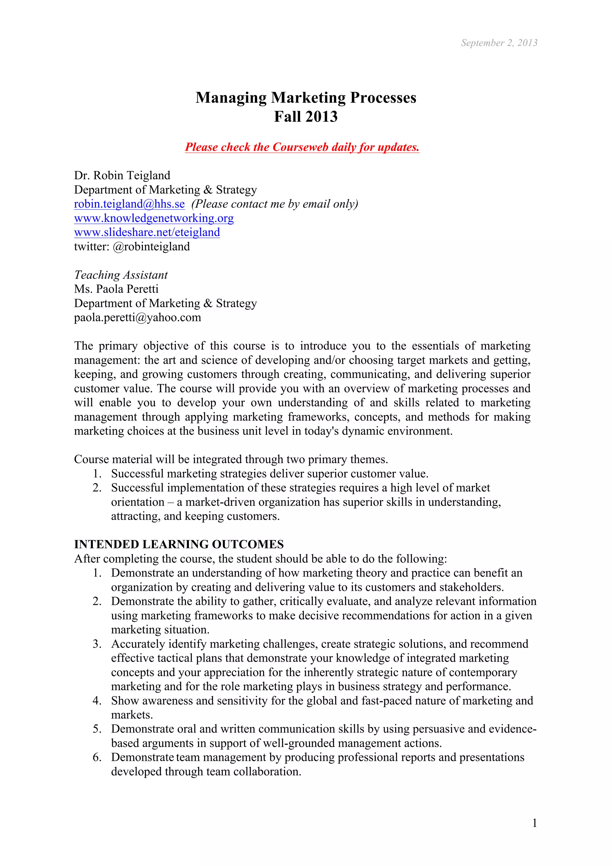 Managing Marketing Processes_Syllabus | PDF