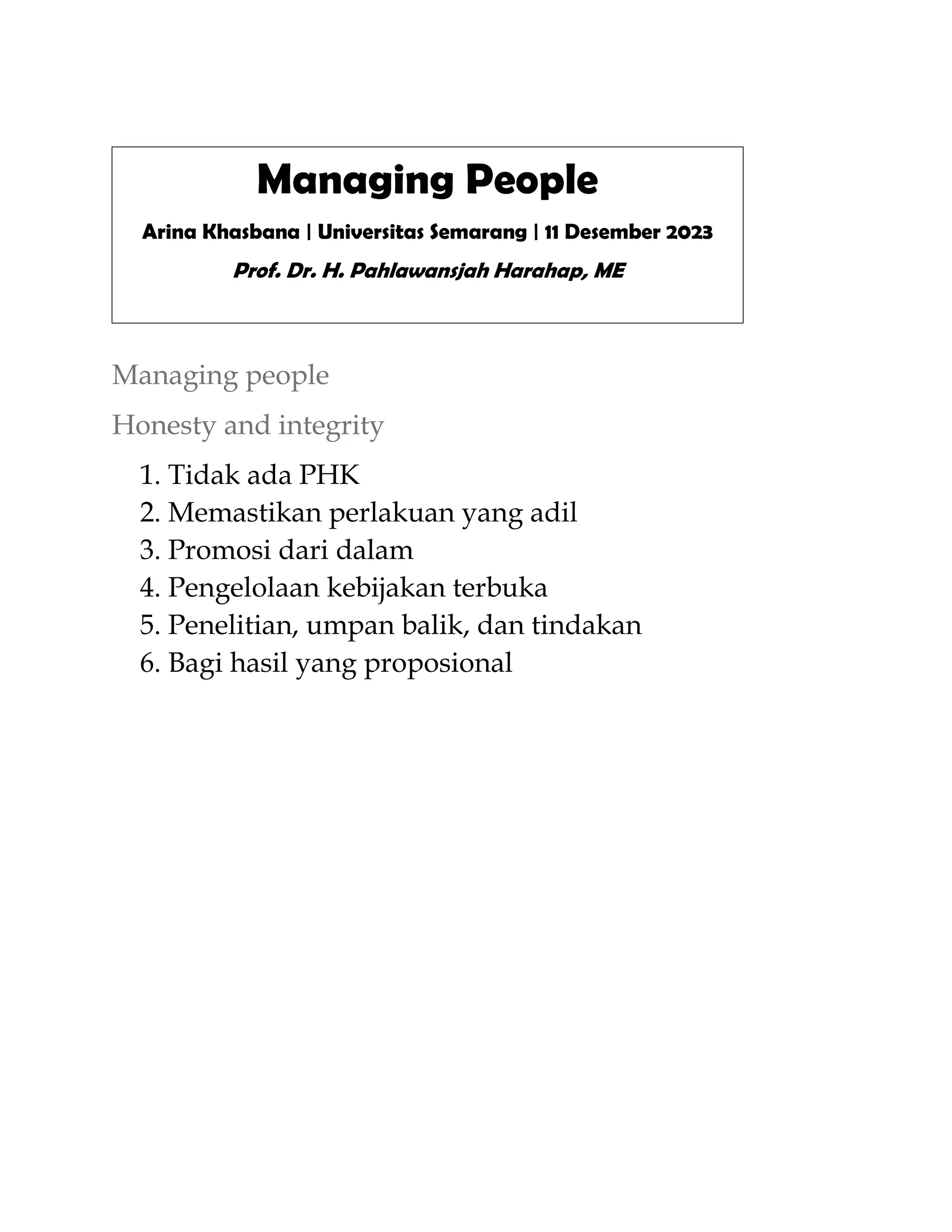 Managing people Honesty and integrity , ability and motivation | PDF