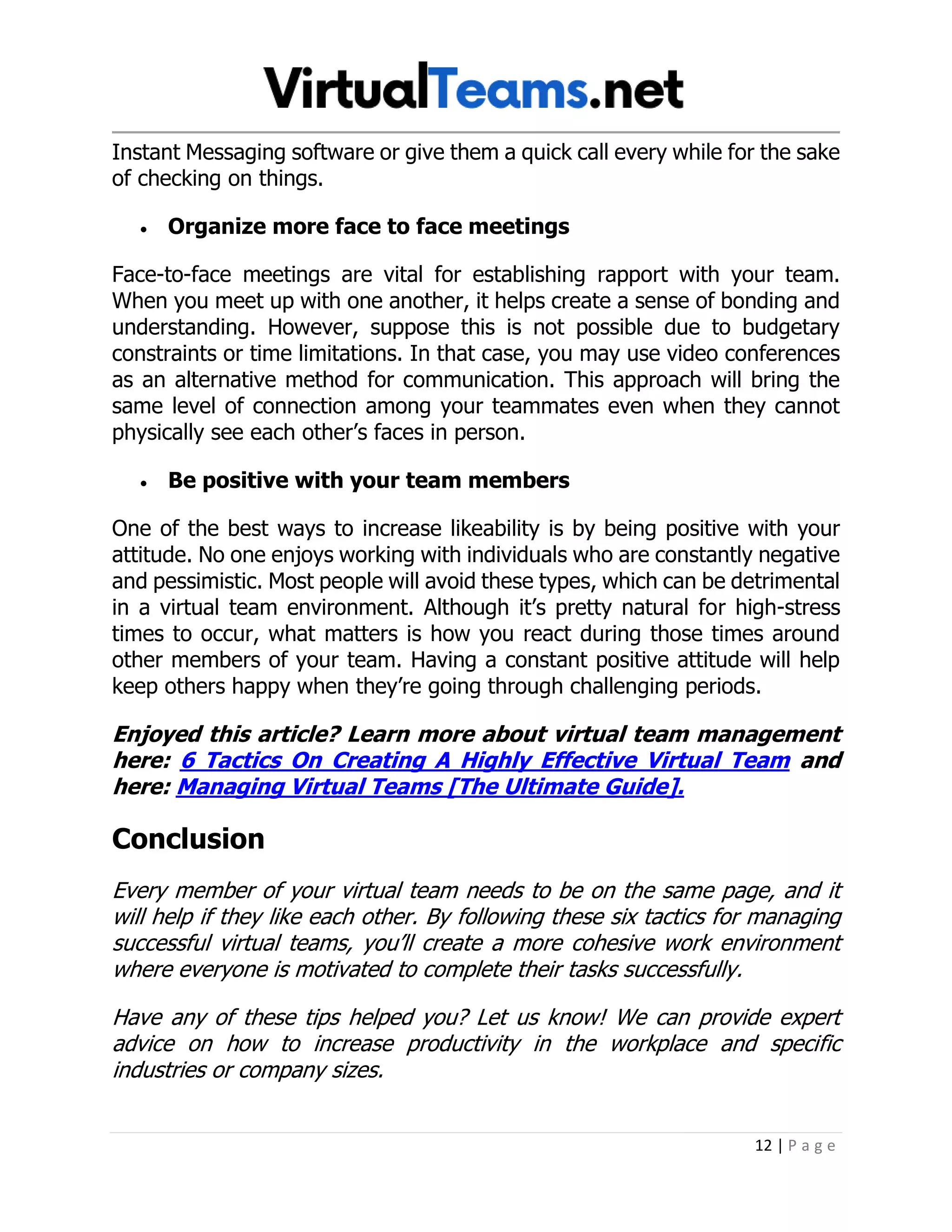 Managing Successful Virtual Teams - 6 Tactics For Success | PDF