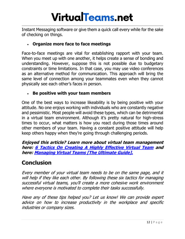Managing Successful Virtual Teams - 6 Tactics For Success | PDF