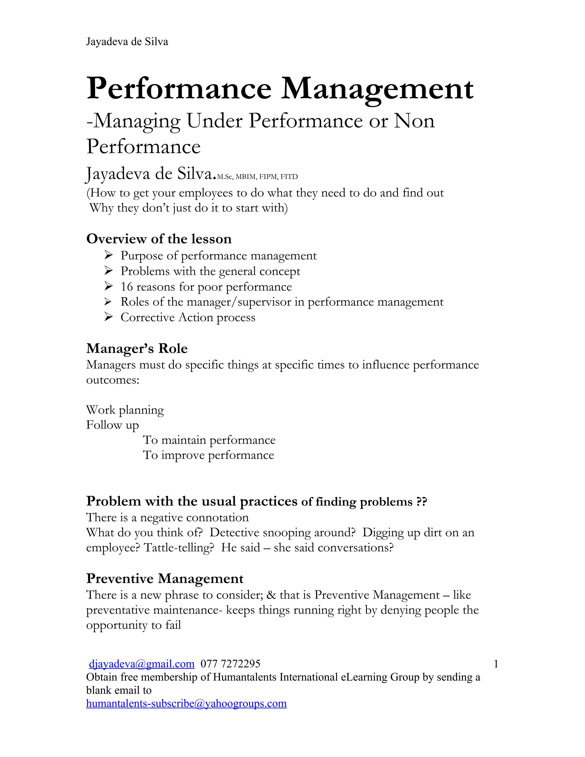 Managing under performance | DOC | Resume Writing and Advice | Job Search