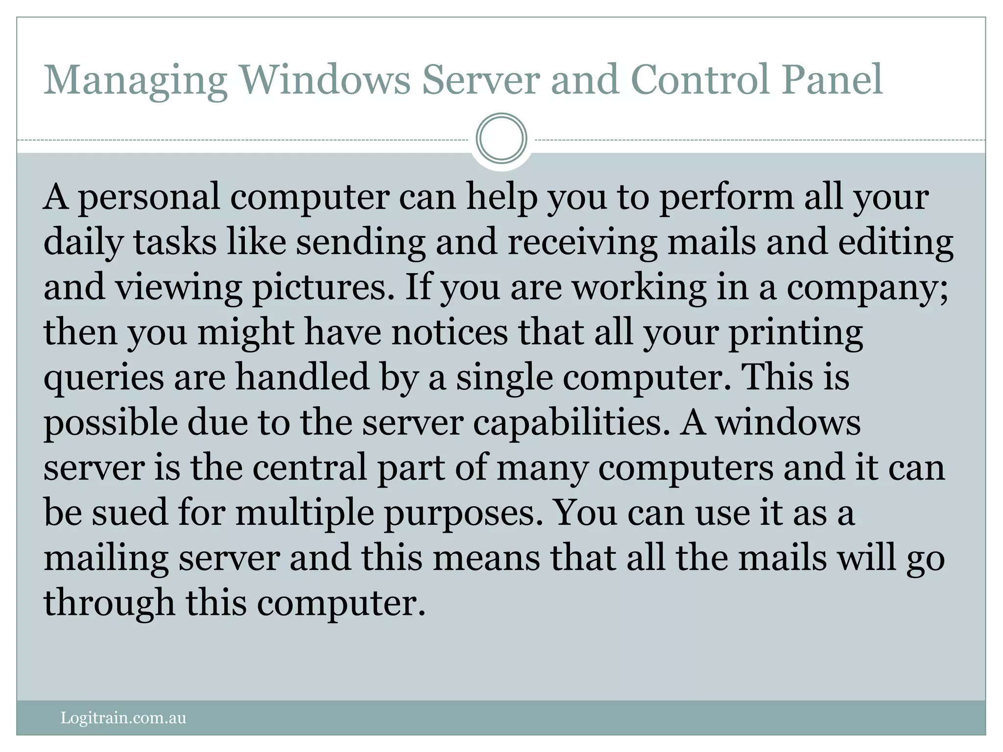 Managing windows server and control panel | PPT