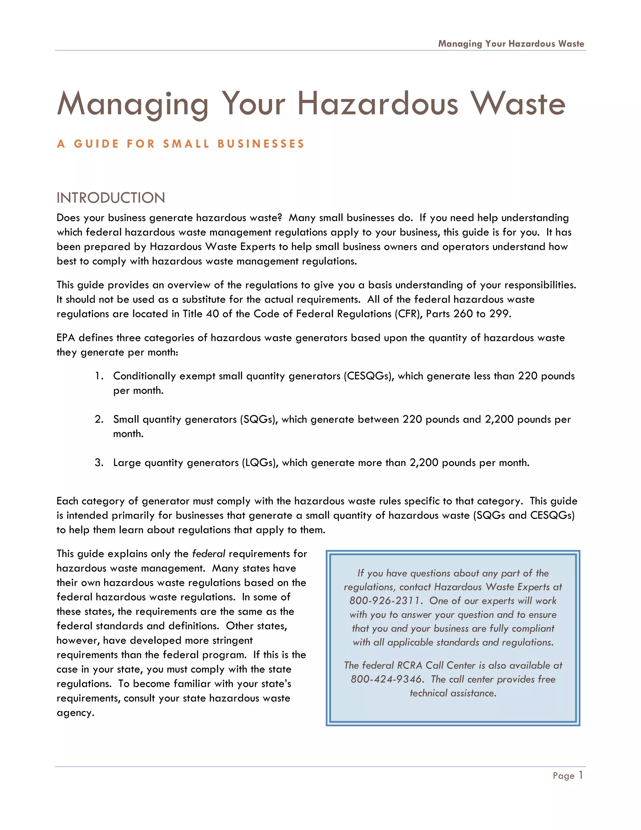 Managing Your Hazardous Waste: A Guide for Small Business | PDF