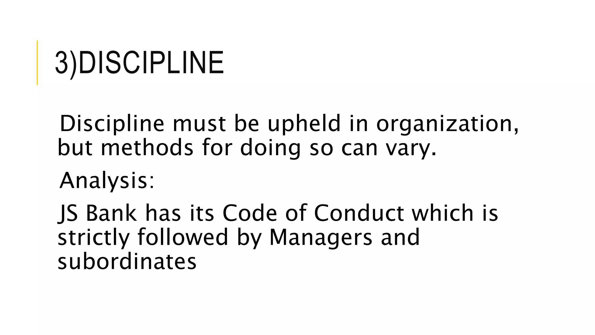 Henri Fayol's 14 Principles in JS BANK Ltd | PPT