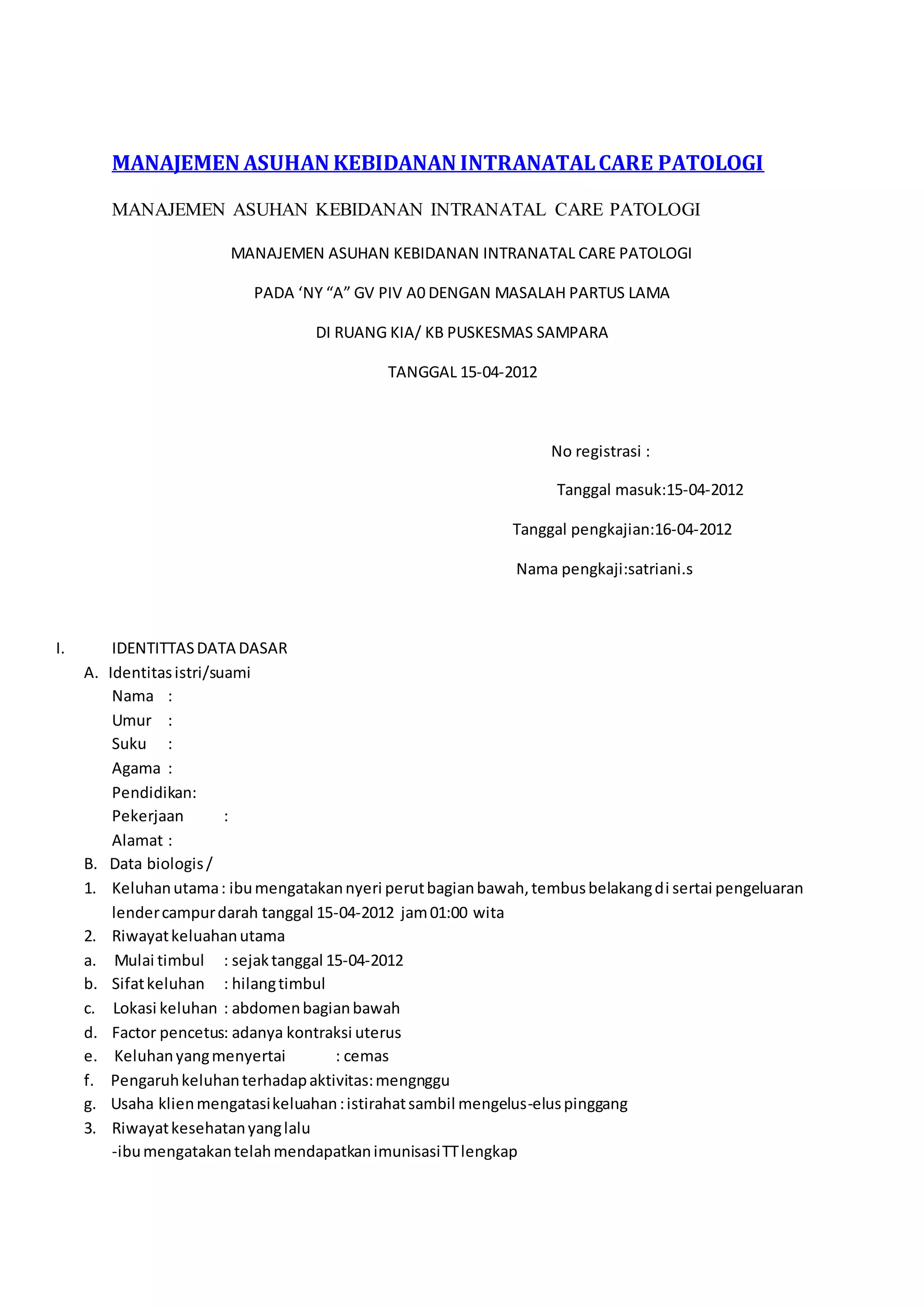 Manajemen asuhan kebidanan intranatal care patologi | PDF