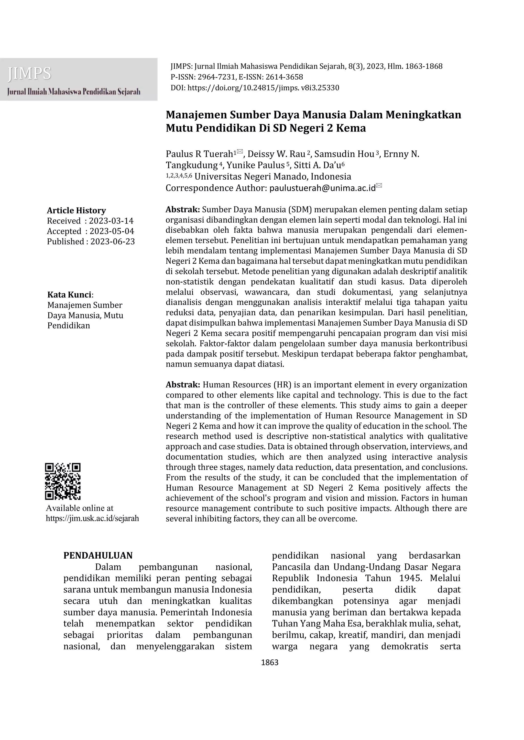 Manajemen Sumber Daya Manusia Dalam Meningkatkan Mutu Pendidikan Di SD Negeri 2 Kema | PDF