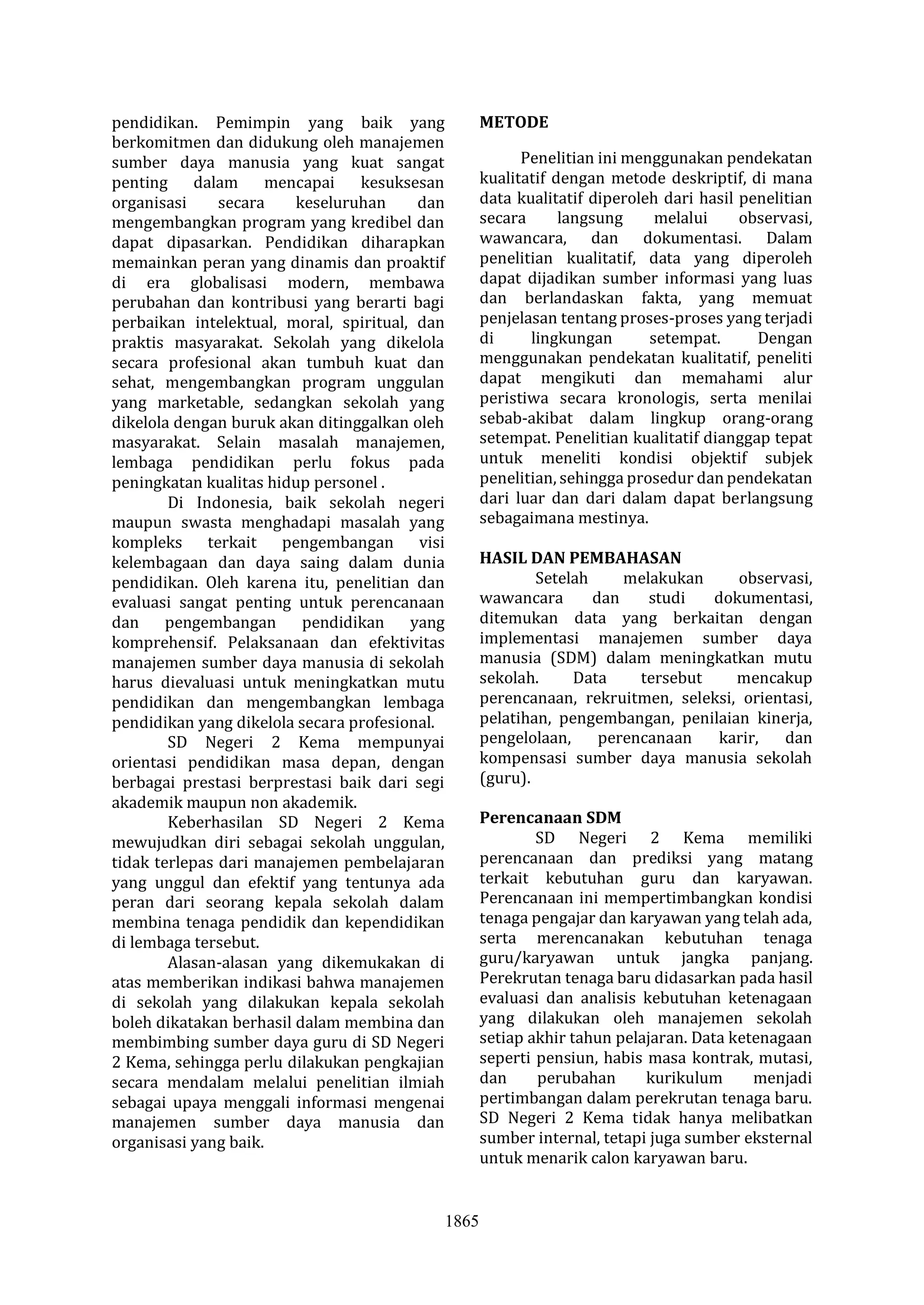 Manajemen Sumber Daya Manusia Dalam Meningkatkan Mutu Pendidikan Di SD Negeri 2 Kema | PDF
