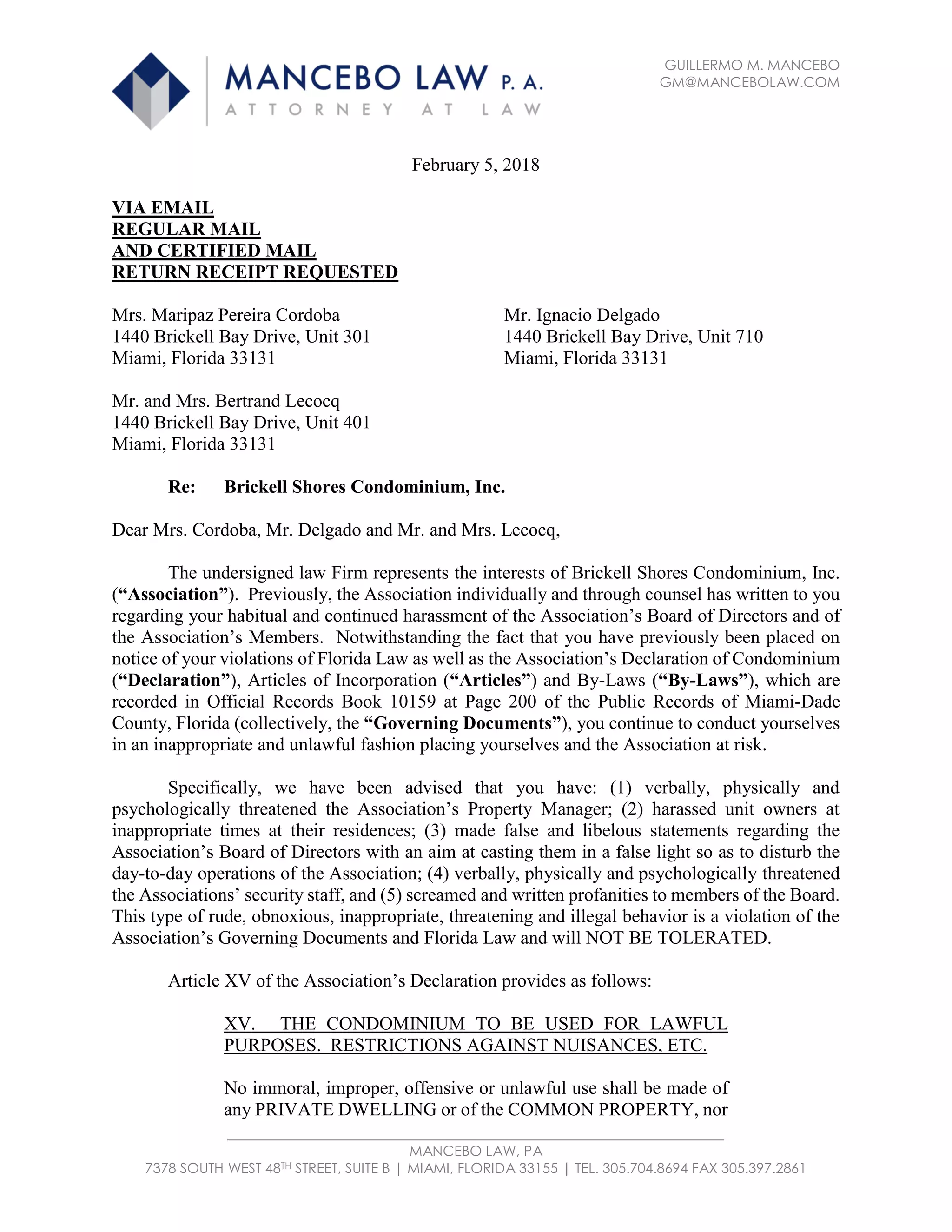 Mancebo brickell shores condo Cease & Desist | PDF