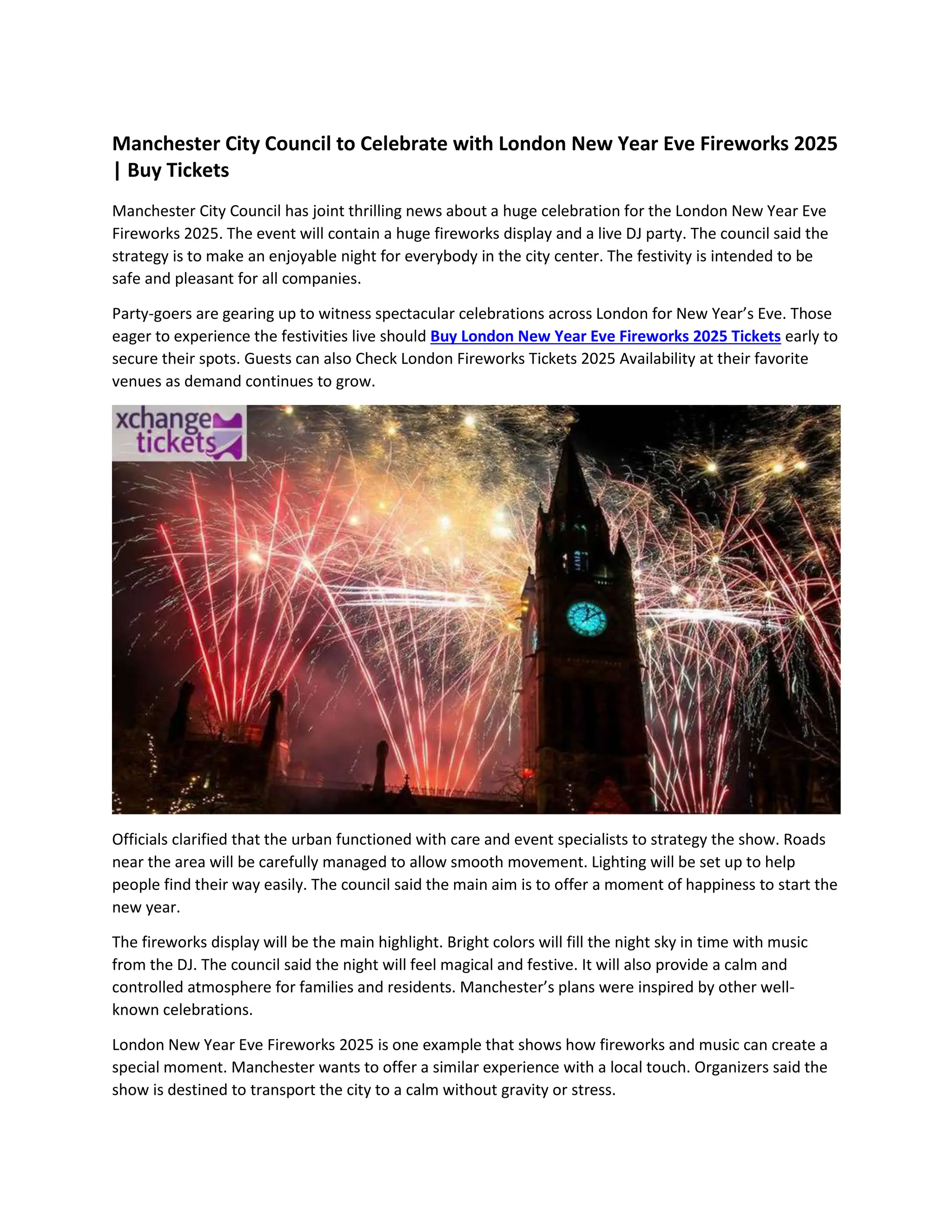 Manchester City Council to Celebrate with London New Year Eve Fireworks ...