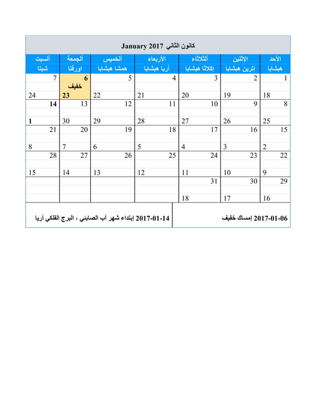 Mandaean calendar 2016-2017 تقويم سنة الصابئة المندائيين | PDF