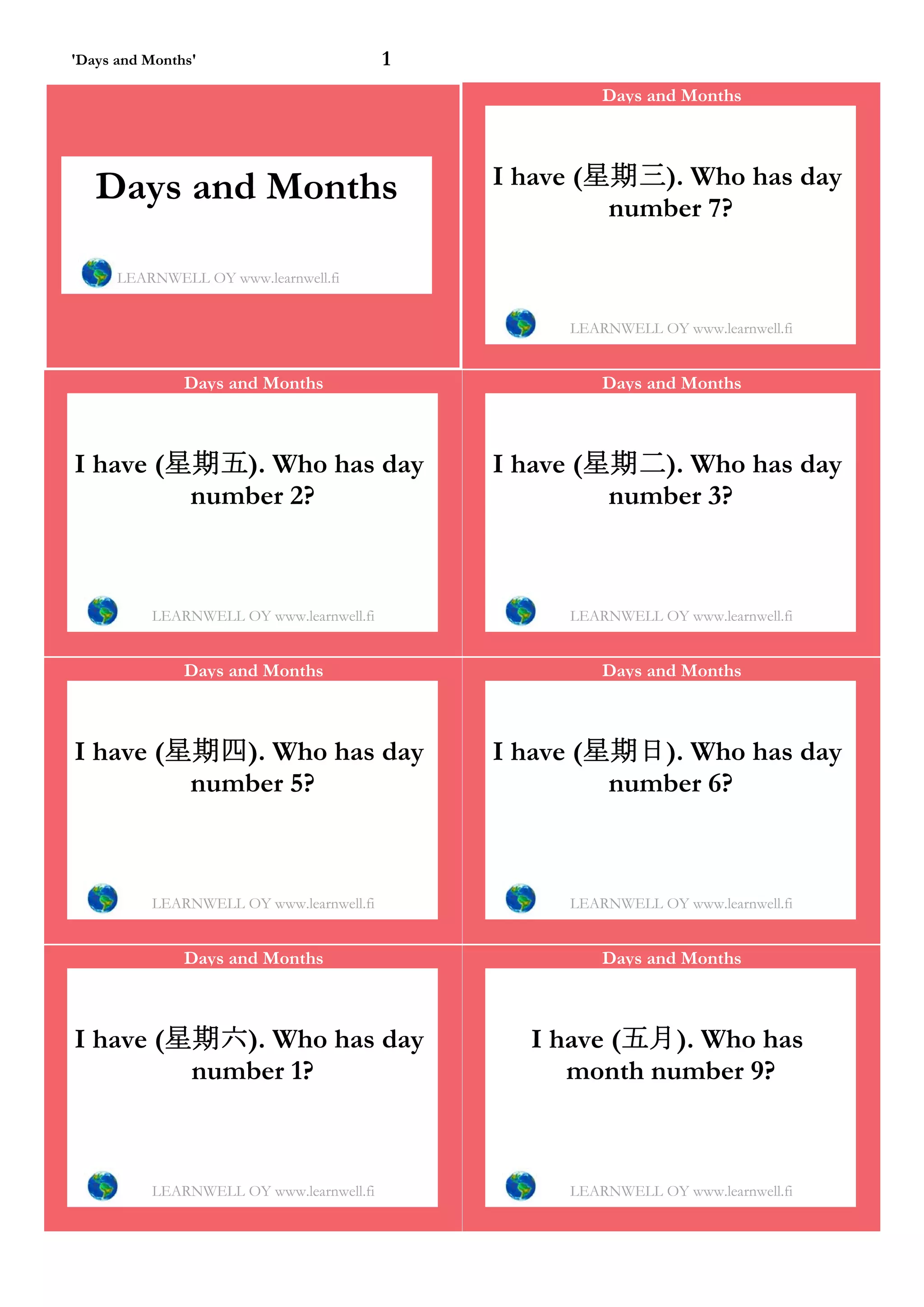 "Days and Months" Mandarin - English cards | PDF