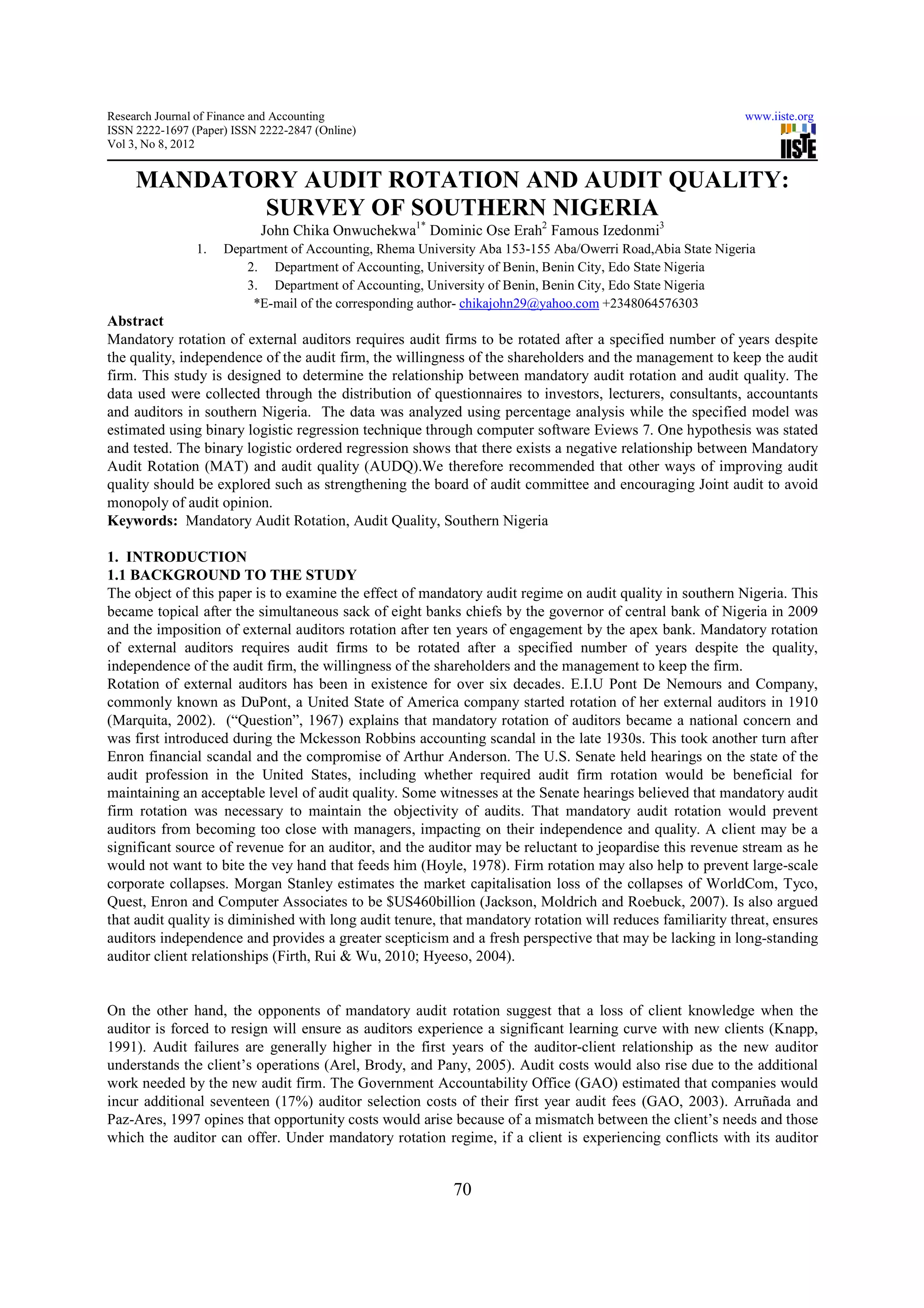 Mandatory audit rotation and audit quality | PDF