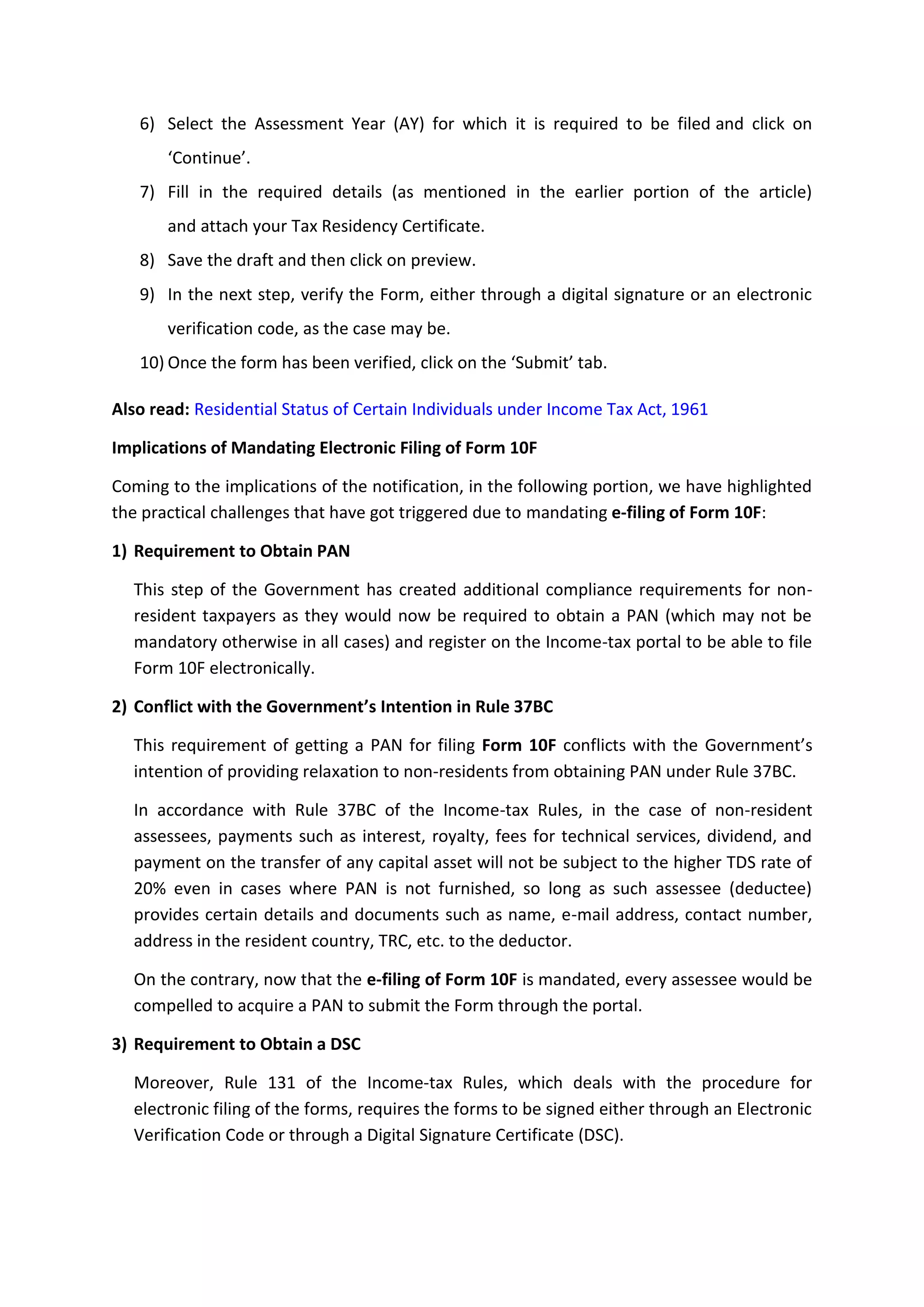 Mandatory E-Filing of Form 10F – A Challenge for Non-Resident Assesses | PDF | Personal Taxes ...