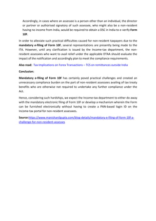 Mandatory E-Filing of Form 10F – A Challenge for Non-Resident Assesses ...
