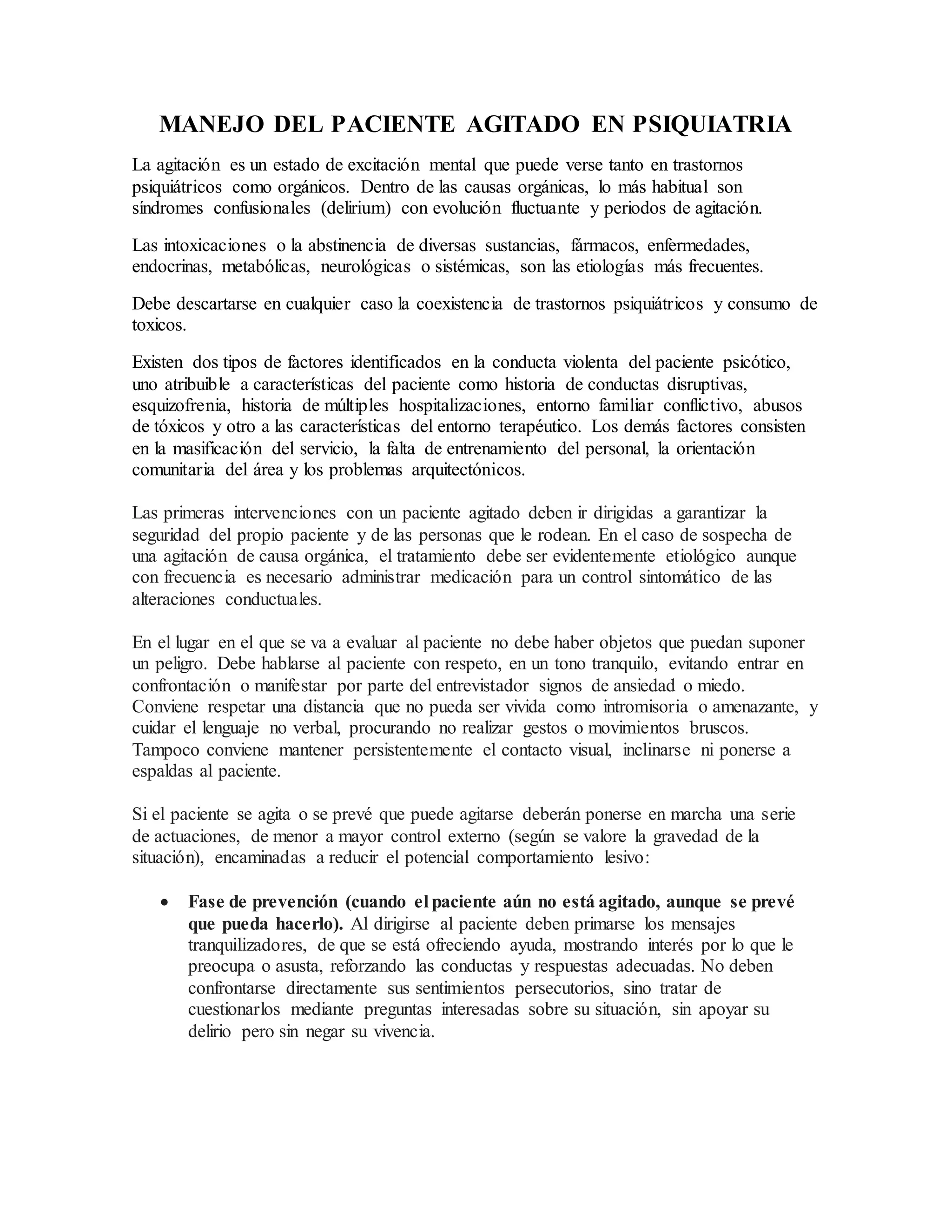Manejo del paciente agitado en psiquiatria | PDF