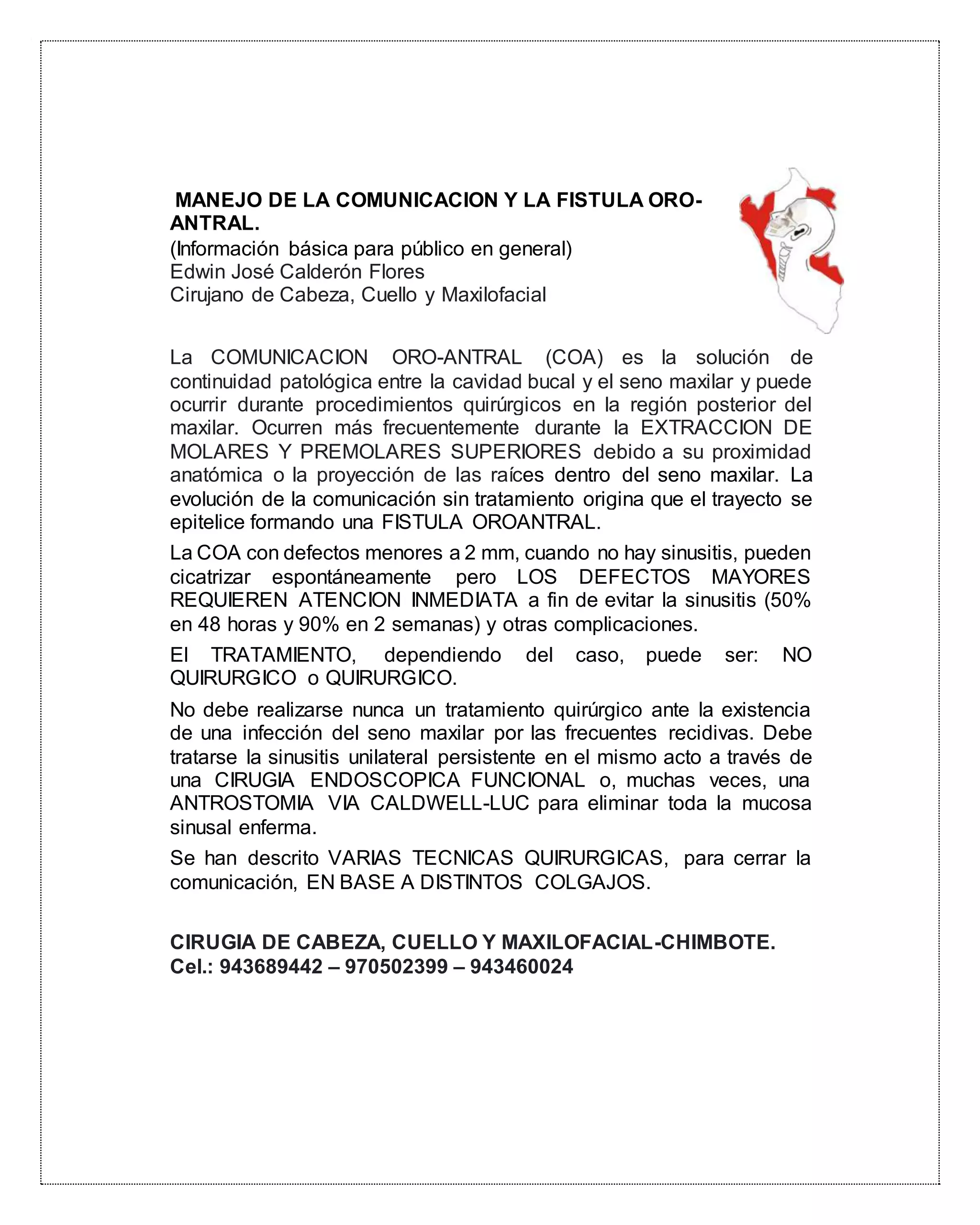 MANEJO DE LA COMUNICACIÓN Y LA FÍSTULA ORO-ANTRAL. | DOCX | Ear, Nose ...
