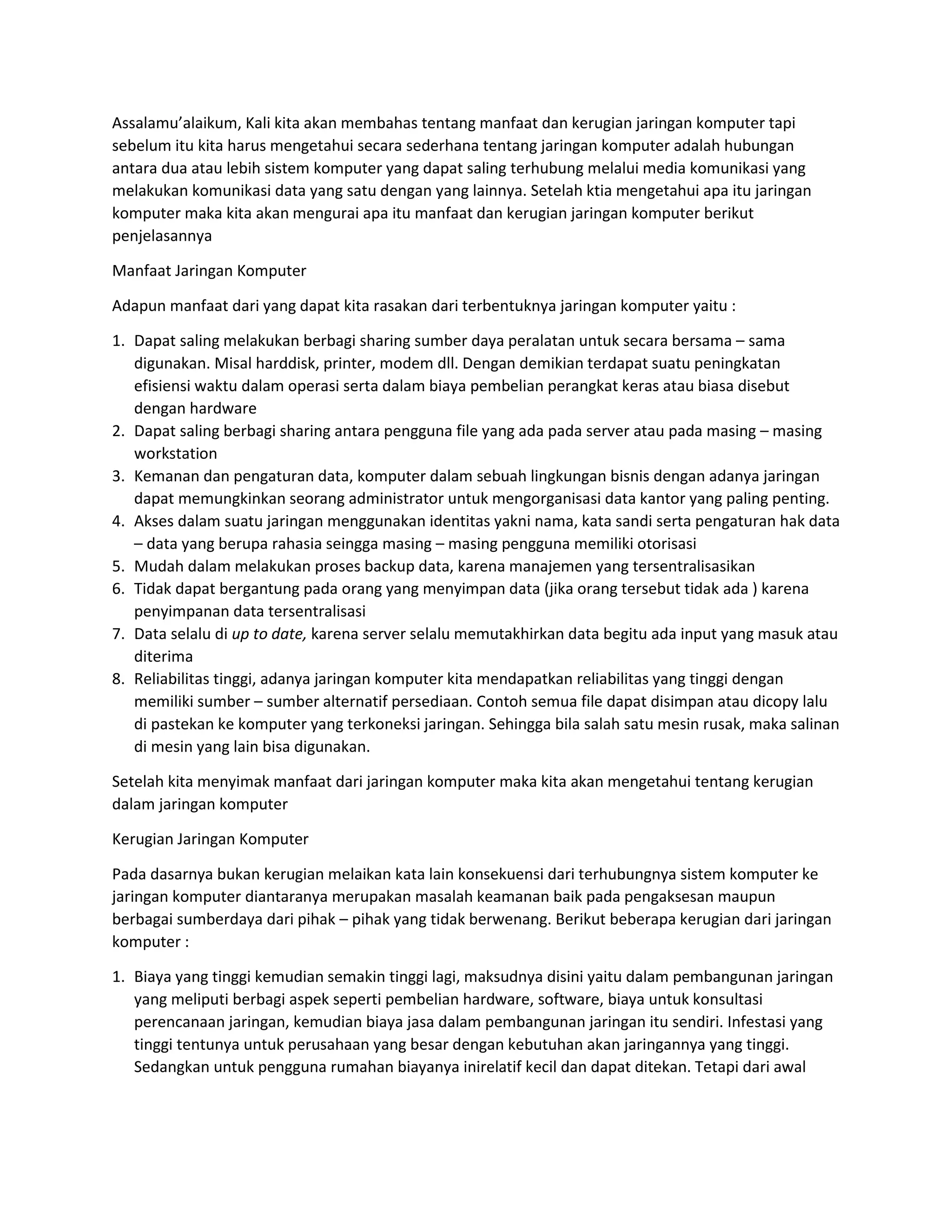 Manfaat dan kekurangan jaringan komputer | PDF