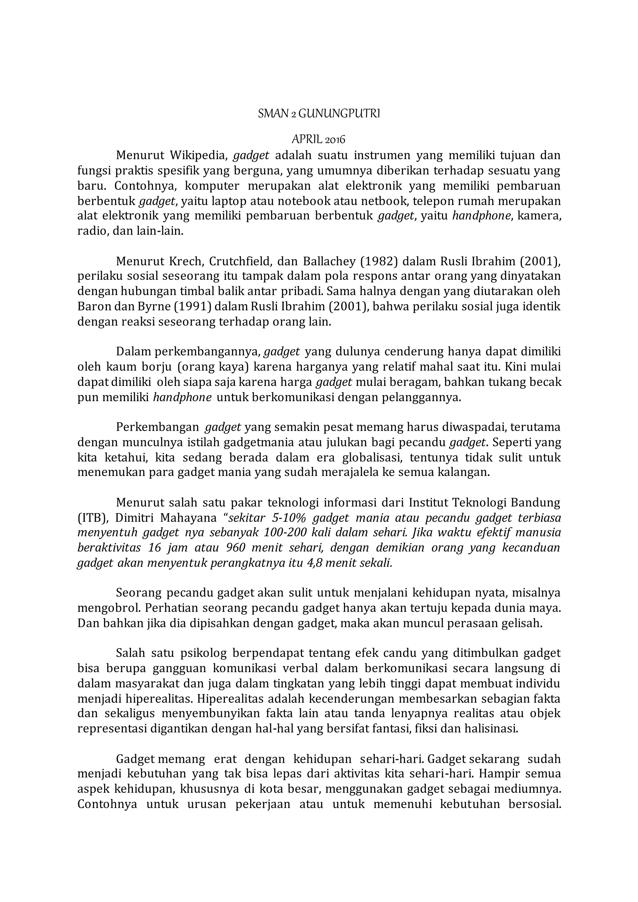 Manfaat dan pengaruh gadget | DOCX