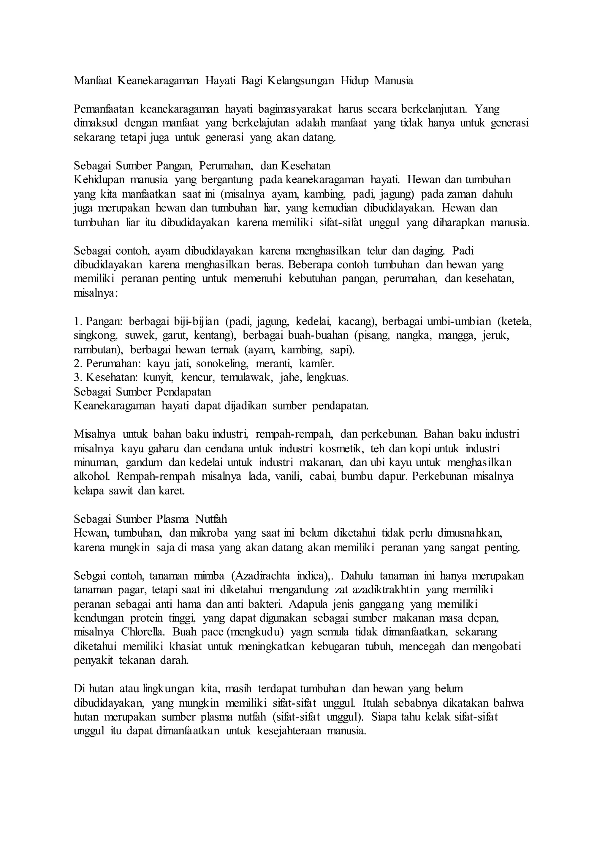 Manfaat keanekaragaman hayati bagi kelangsungan hidup manusia | DOCX