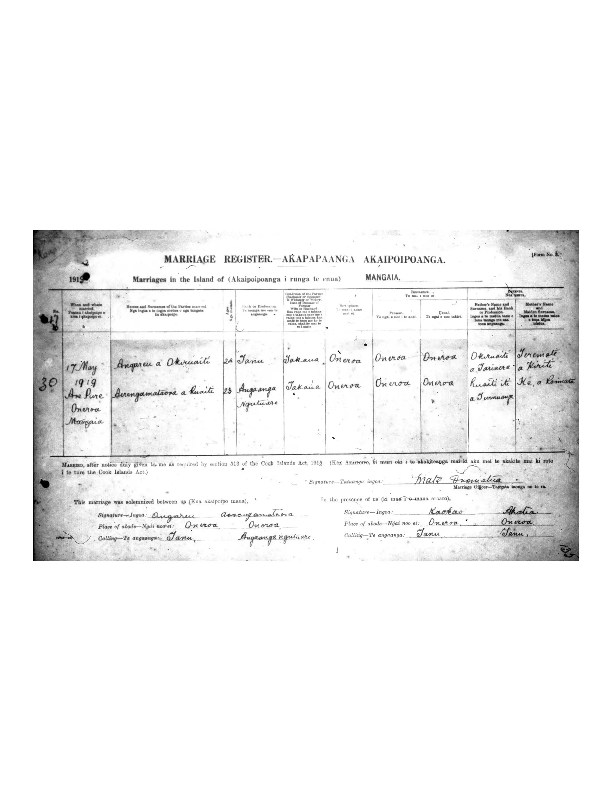 Mangaia marriages 1917 1920 | PDF