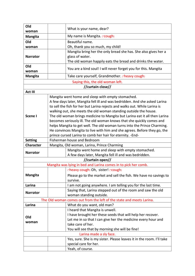 บทละคร Mangita and larina สำหรับแสดงละครสั้นภาษาอังกฤษ | PDF