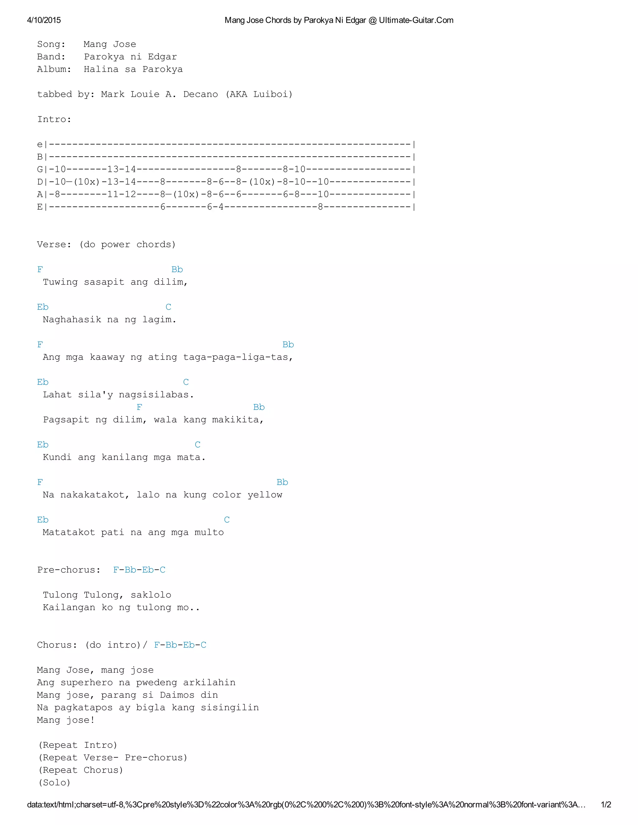 Mang jose chords by parokya ni edgar @ ultimate guitar | PDF | Music ...