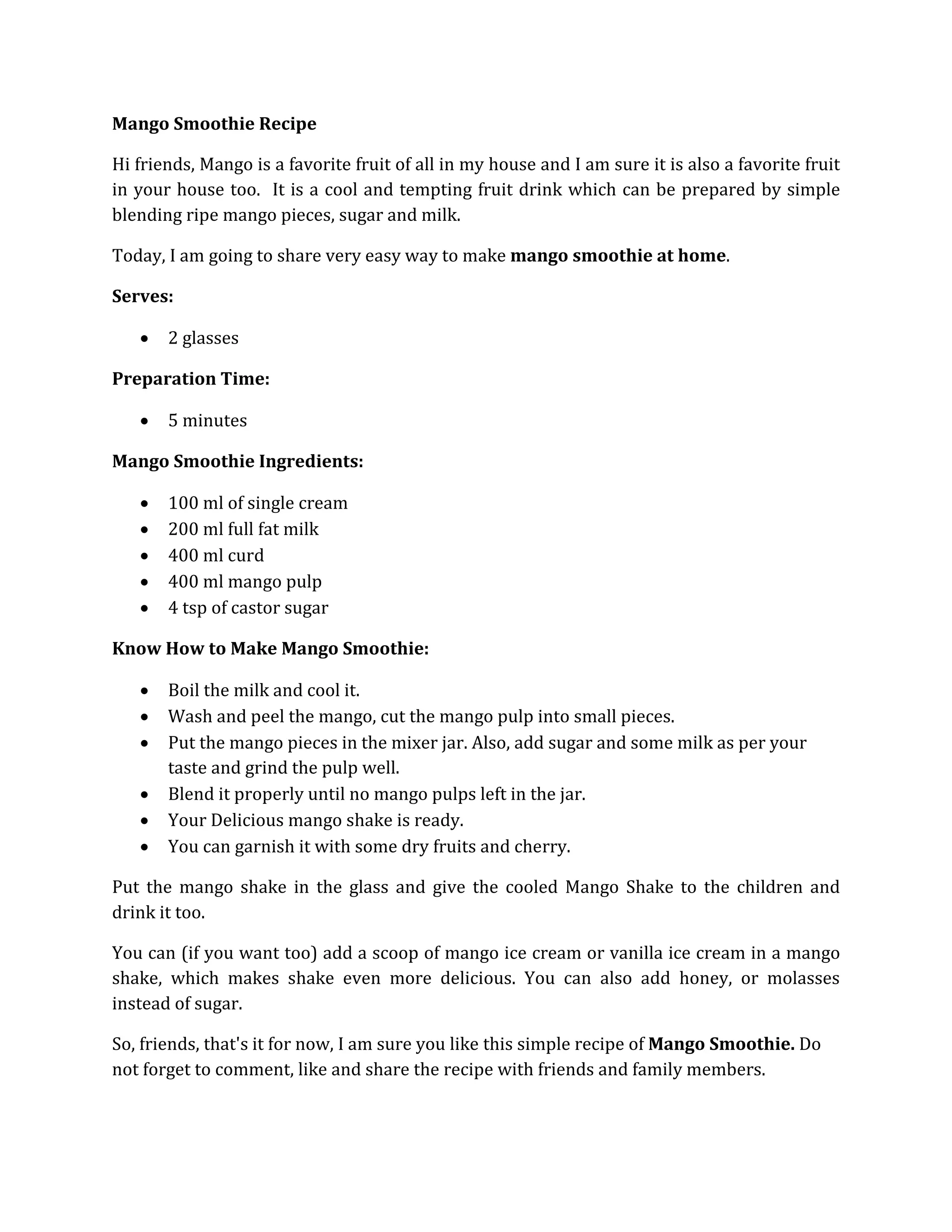 Mango Smoothie Recipe Pdf