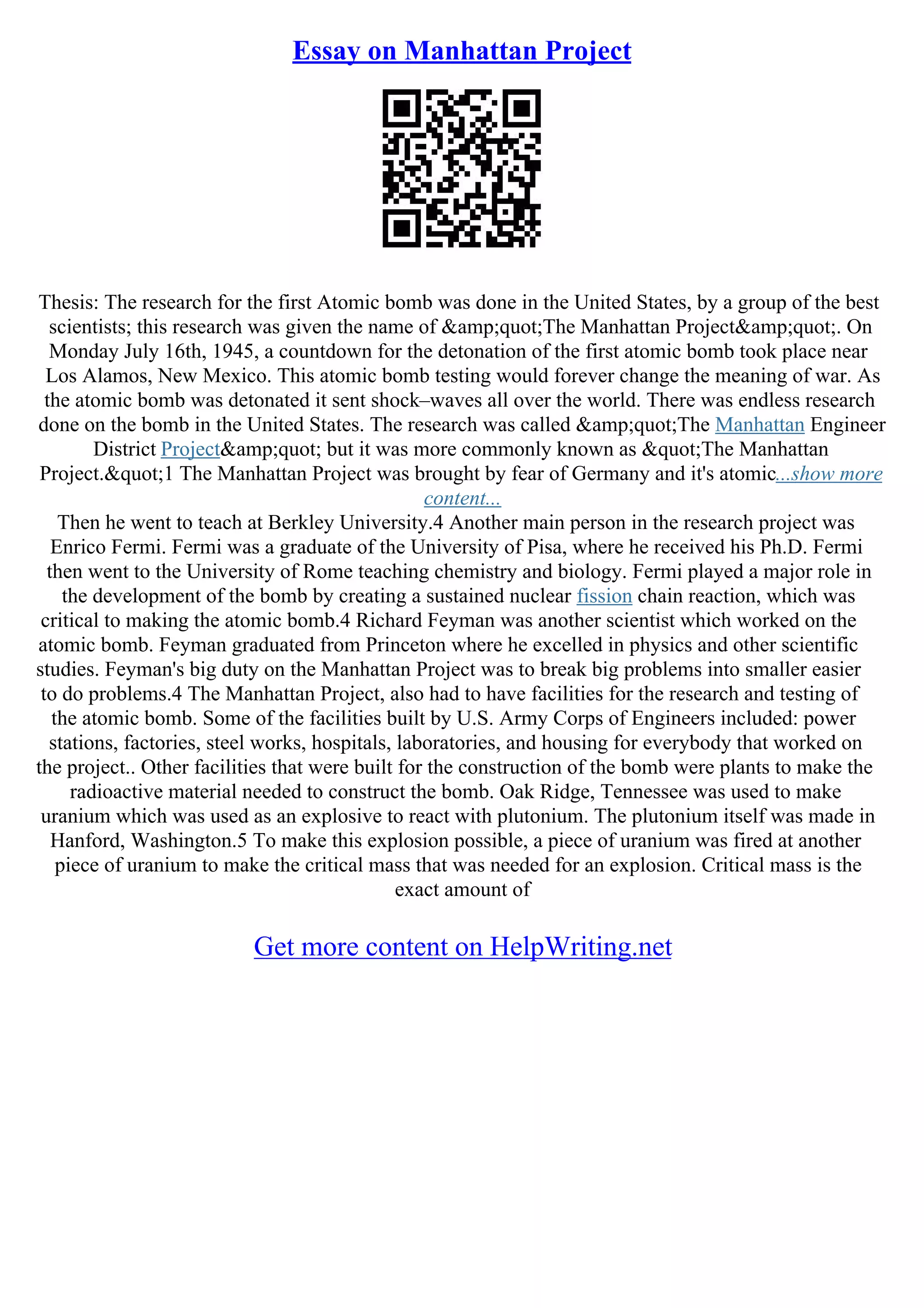 Manhattan Project Essay | PDF