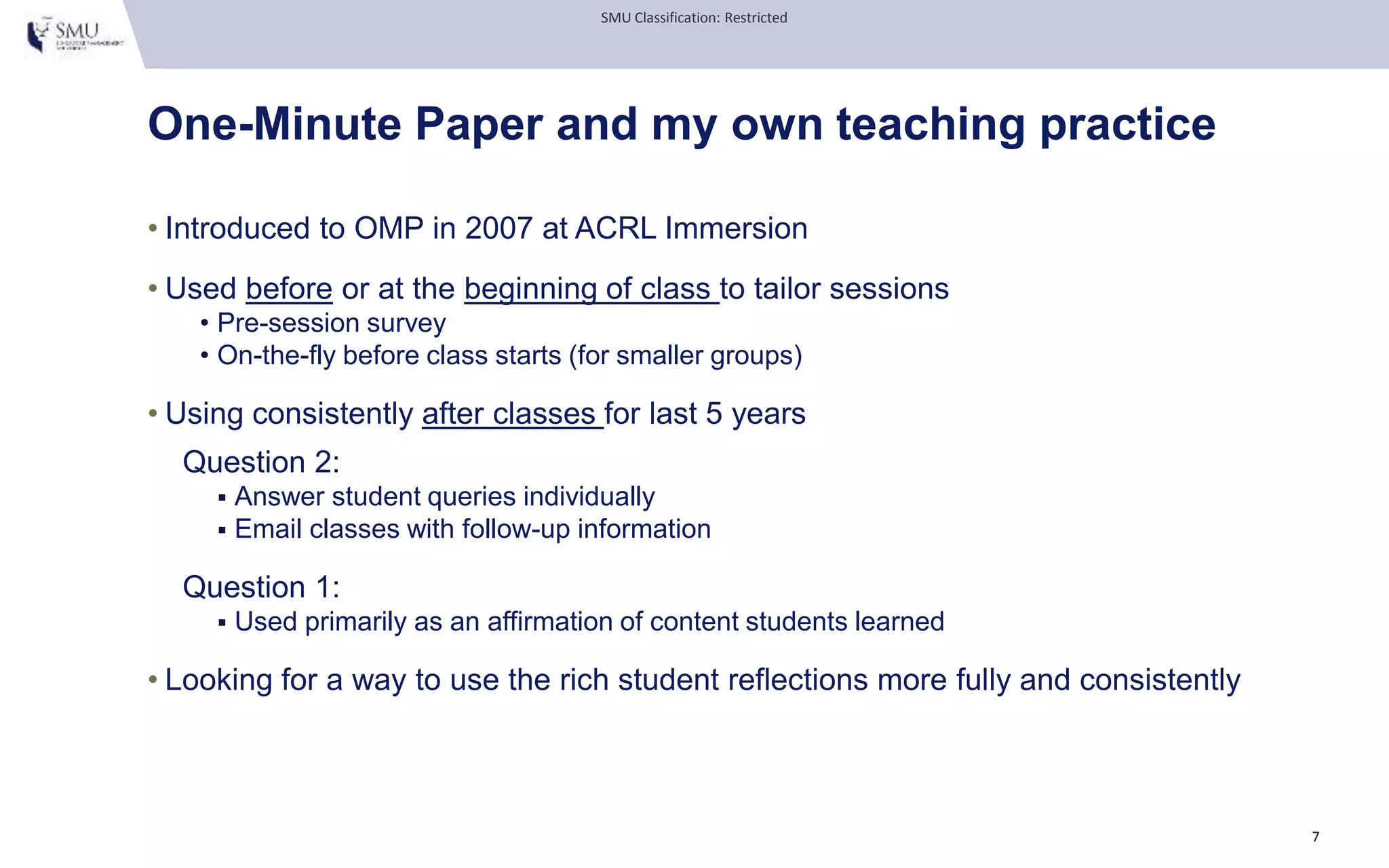 Revisiting the One-Minute Paper: Personal Reflections, Student ...