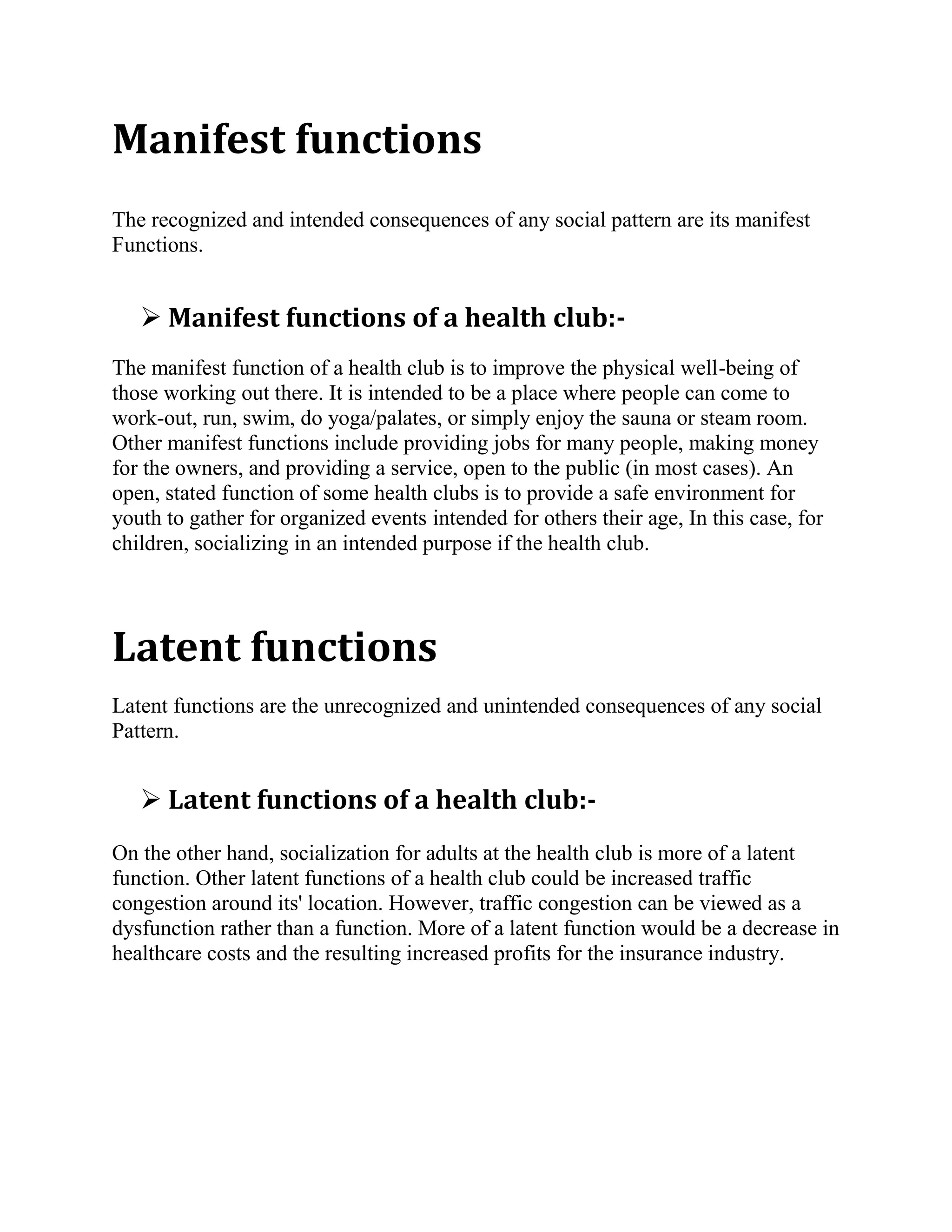 Manifest latent functions of health club | DOCX