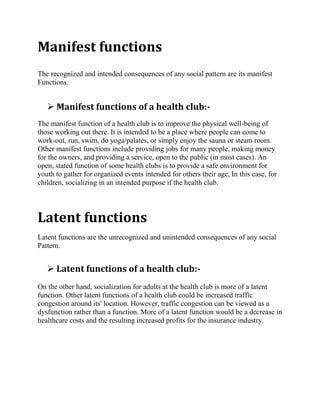 Manifest latent functions of health club | DOCX