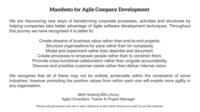 Manifesto for Agile company development - six values to enable company ...