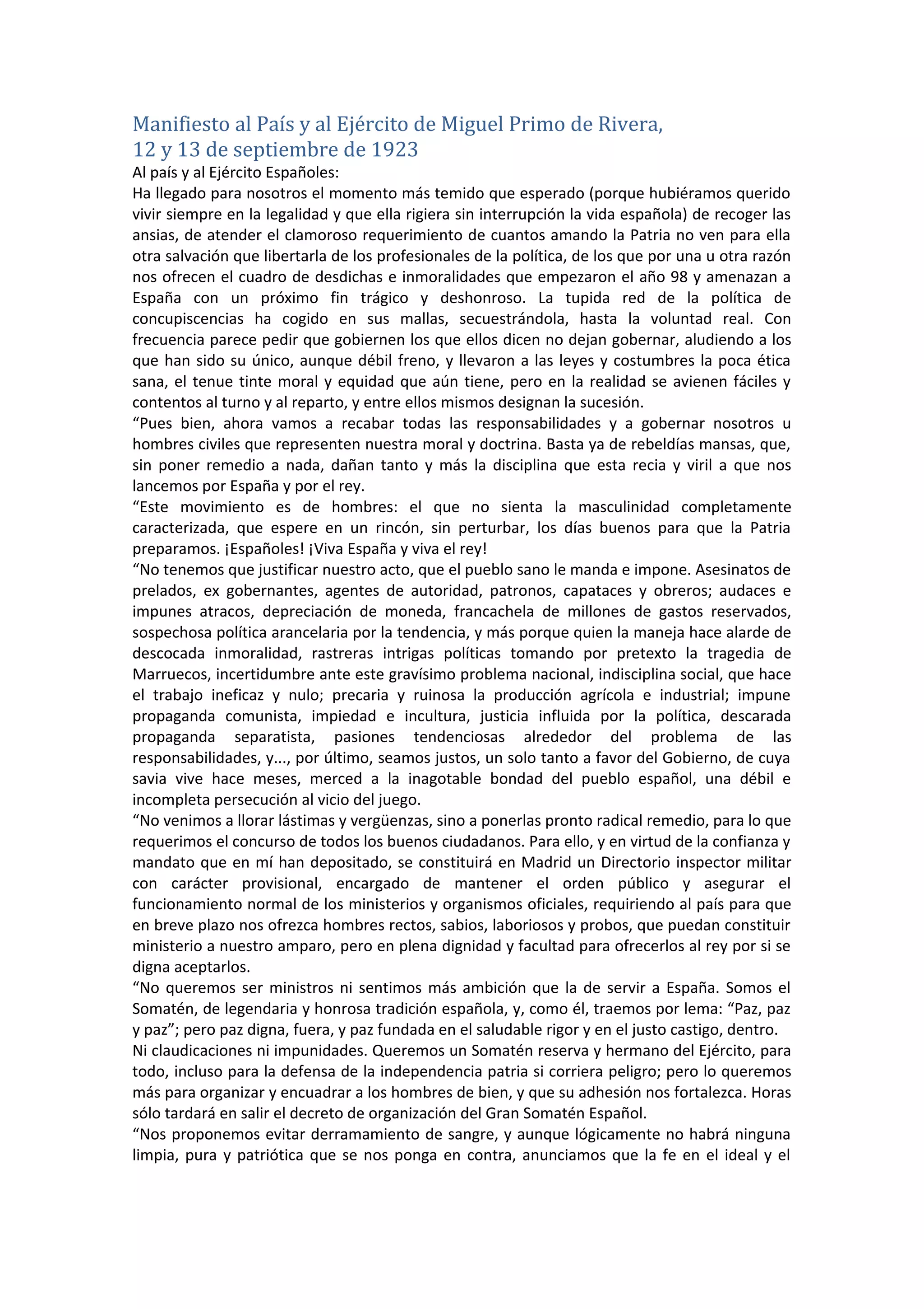Manifiesto al país y al ejército de miguel primo de rivera | DOC