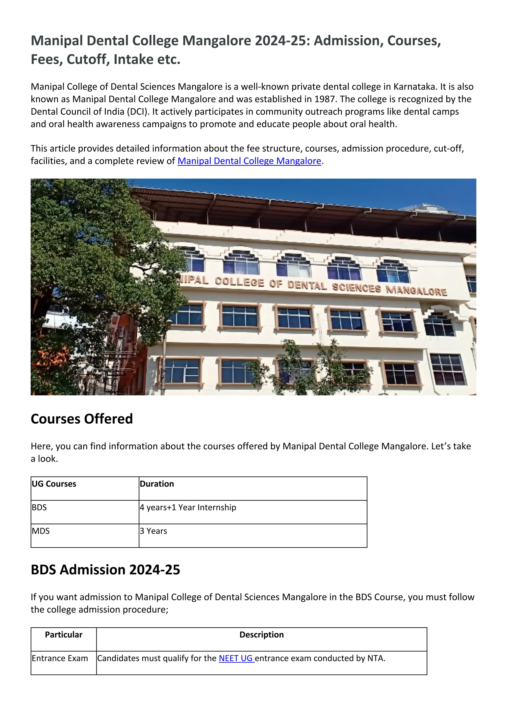 Manipal Dental College Mangalore 2024-25: Admission, Courses, Fees ...