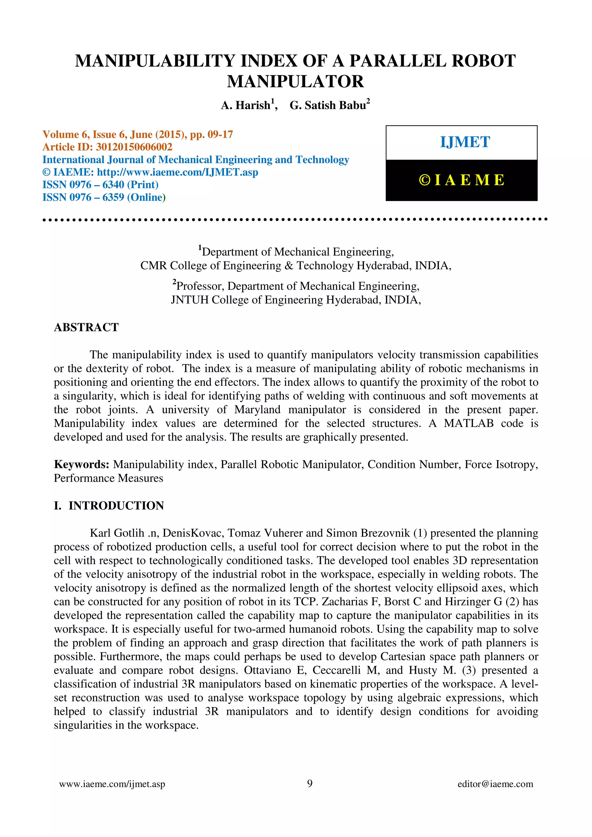 Manipulability index of a parallel robot manipulator | PDF