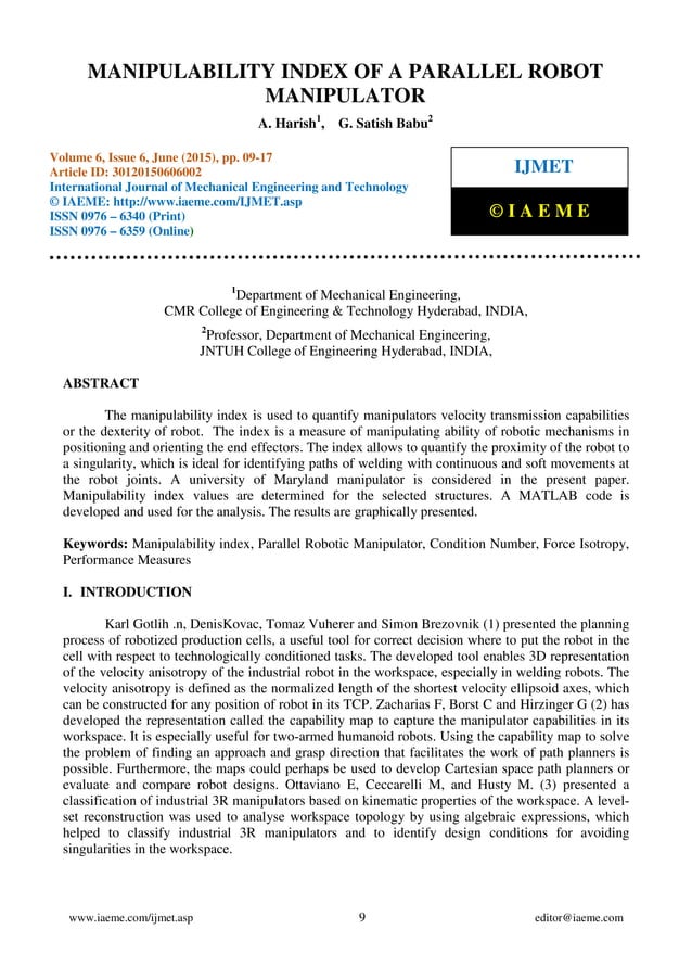 Manipulability index of a parallel robot manipulator | PDF