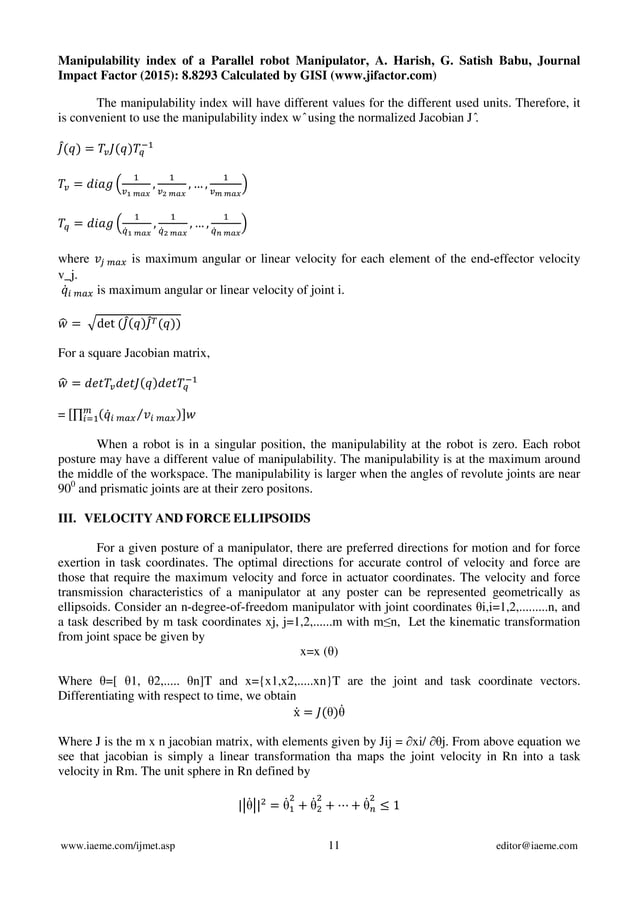 Manipulability index of a parallel robot manipulator | PDF