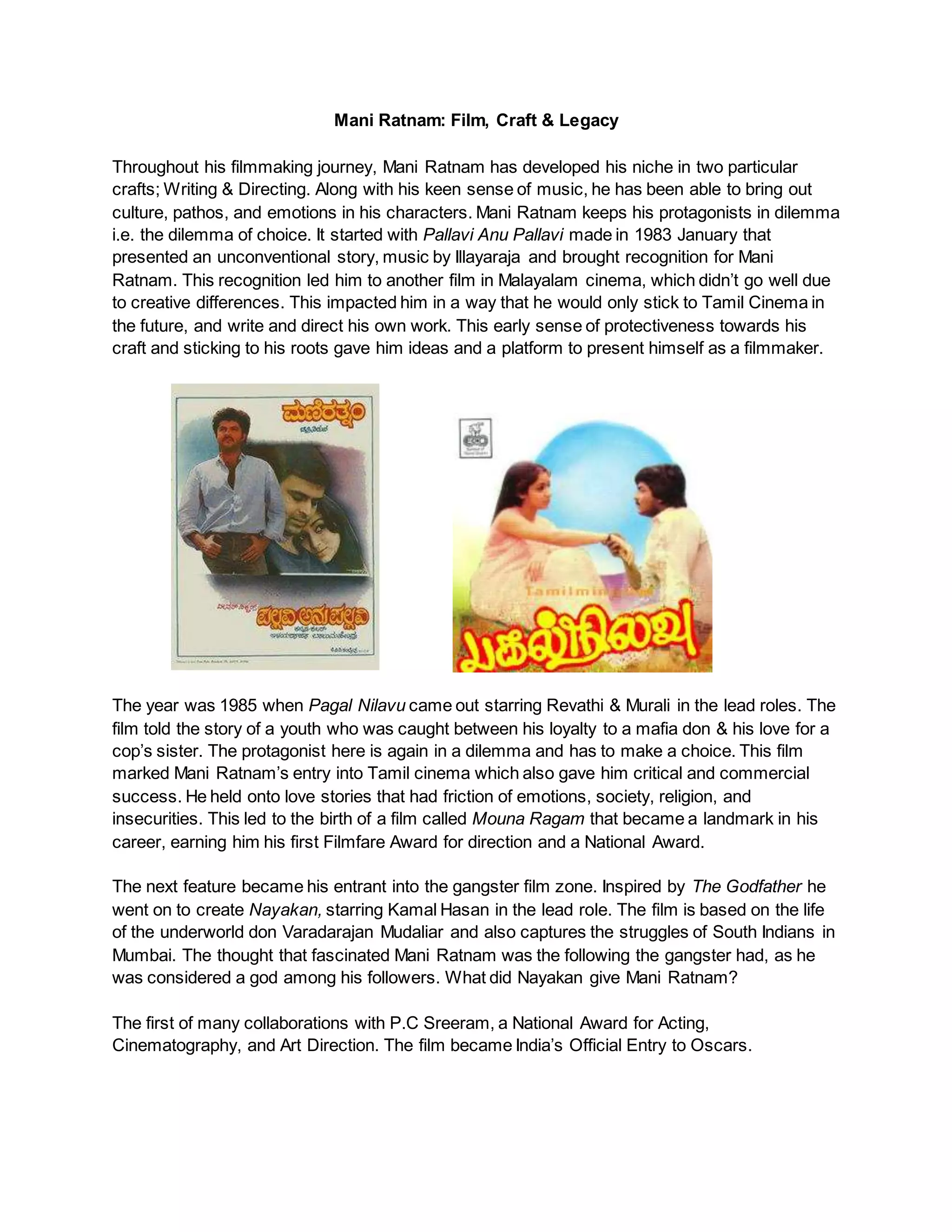 Mani ratnam film, craft & legacy | DOCX