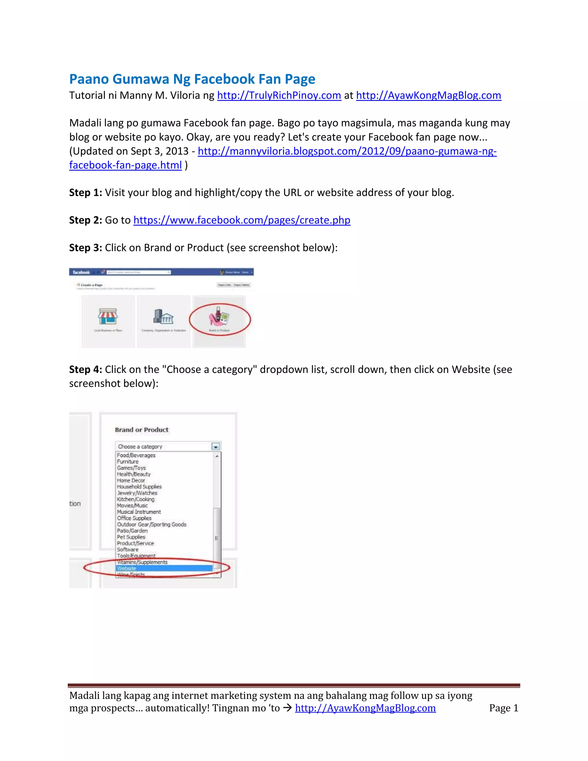 Paano Gumawa Ng Facebook Fan Page, Tutorial ni Manny M. Viloria | PDF