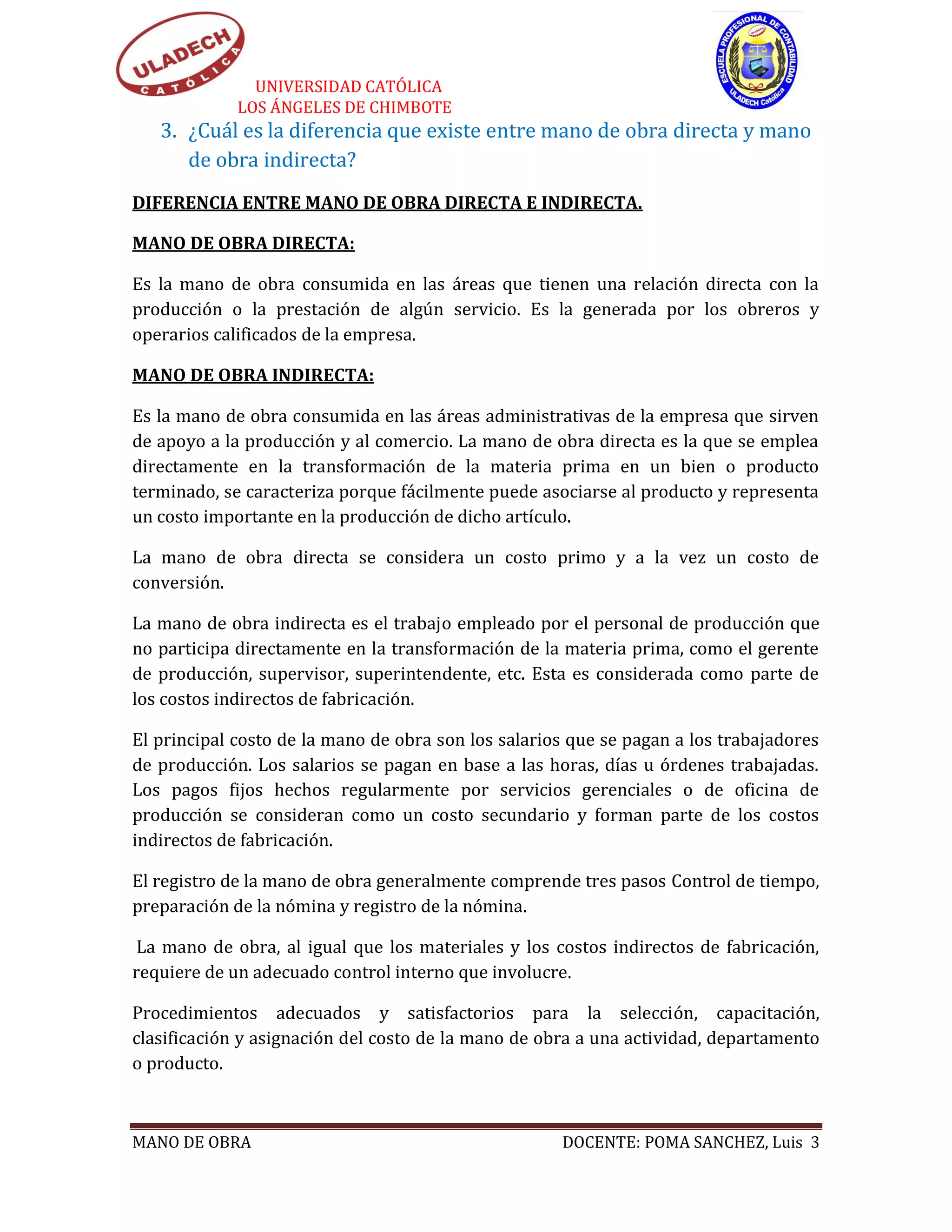 Mano de obra directa e indirecta | PDF