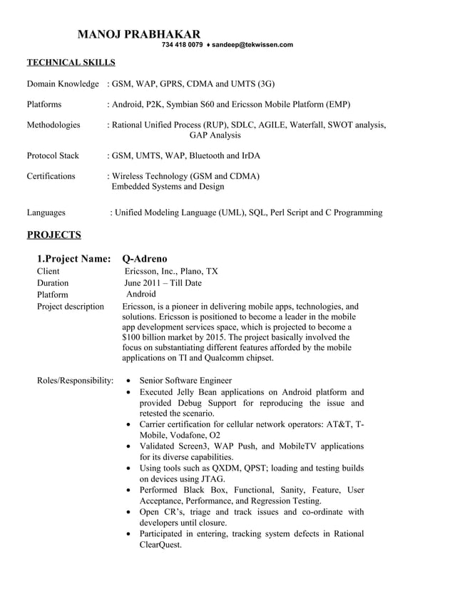 Manoj resume | DOC | Operating Systems | Computer Software and Applications
