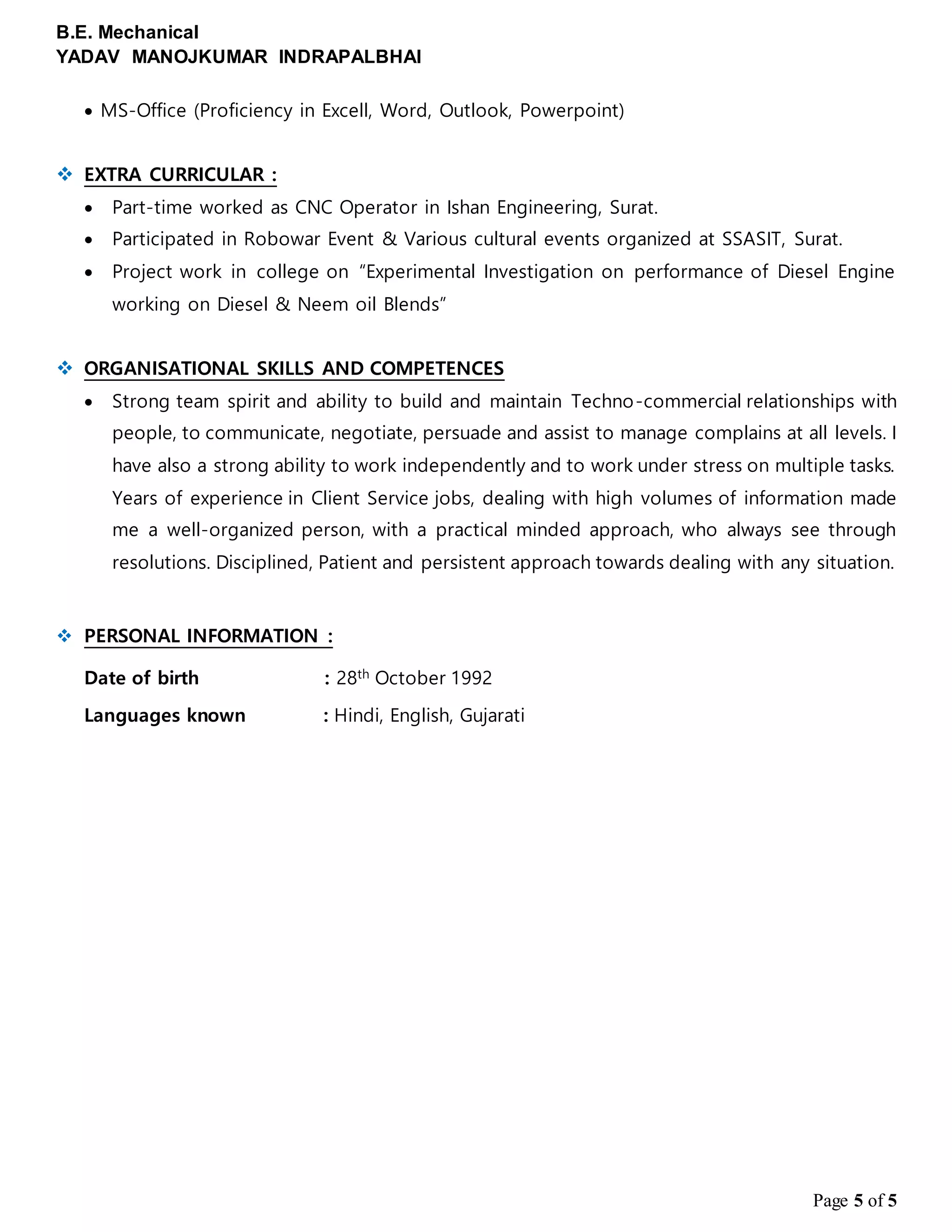 Resume-Manoj Yadav B.E. mechanical (Project Coordinator) | DOCX